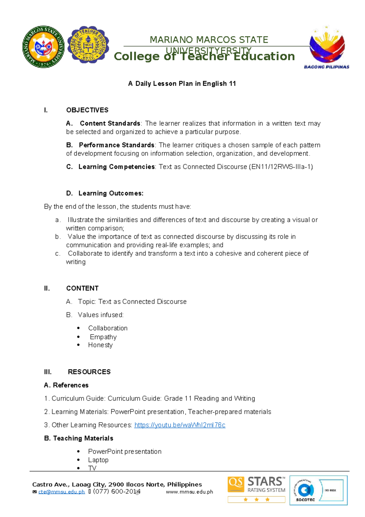 Grade 11 English Lesson Plan: Text as Connected Discourse - Studocu