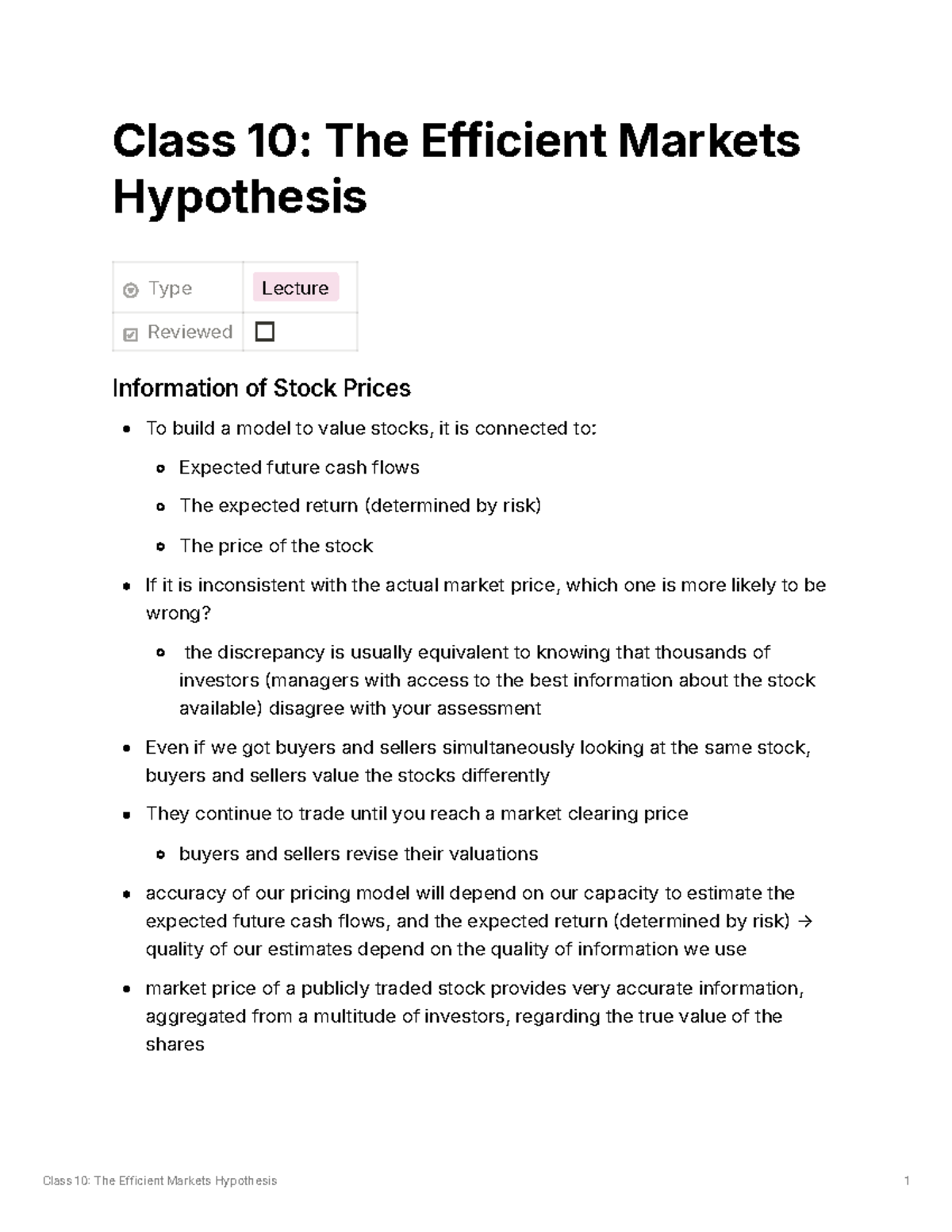 Class 10: Understanding the efficient markets hypothesis and stock ...