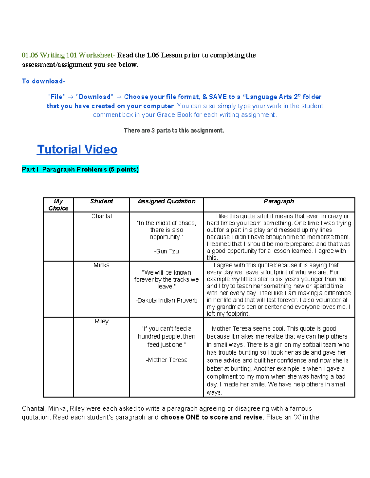 1.06 Writing 101 - Student Quotations Paragraph Assessment Guide - Studocu