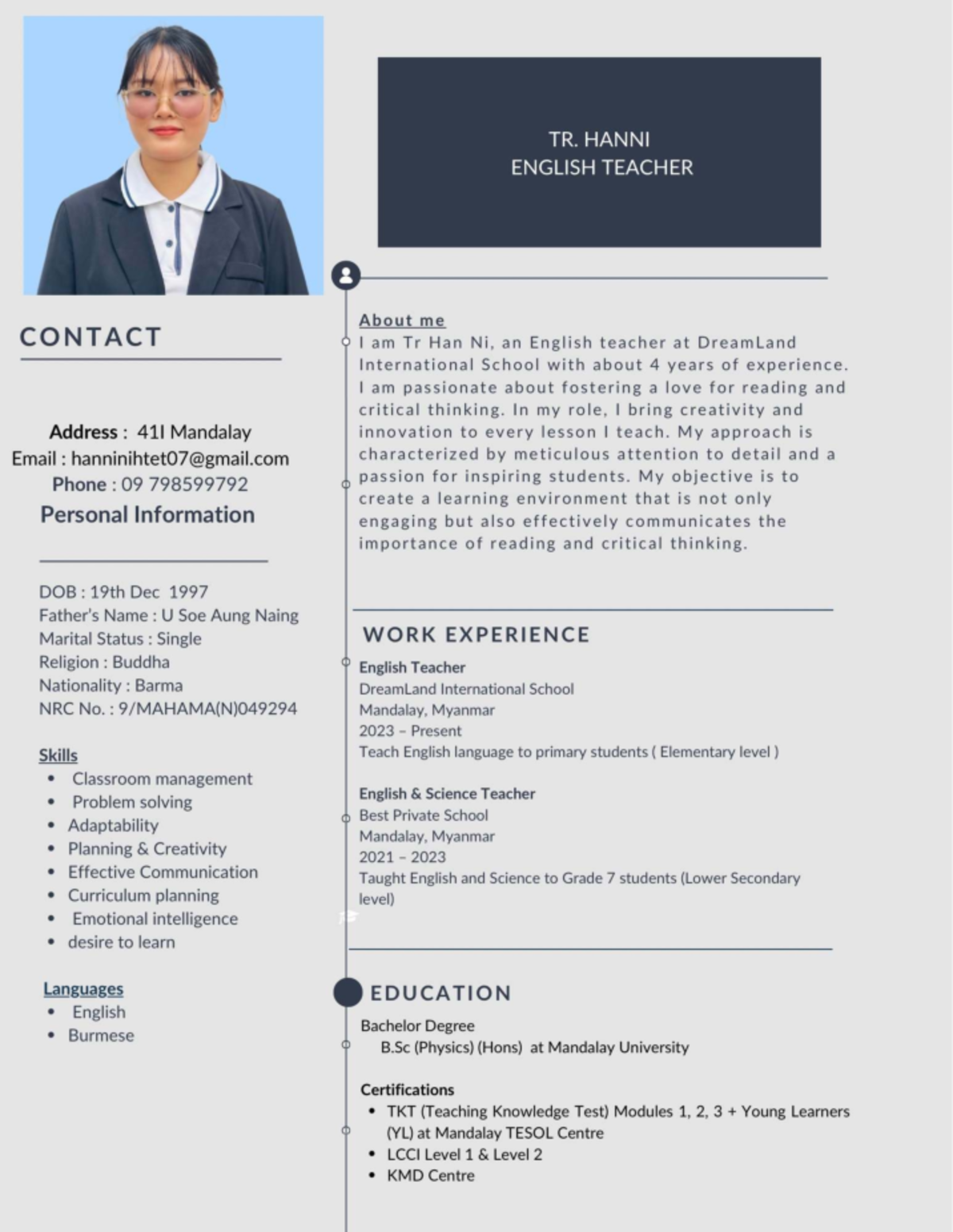 TR. HANNI ENGLISH TEACHER CV - DreamLand Int'l School - Studocu