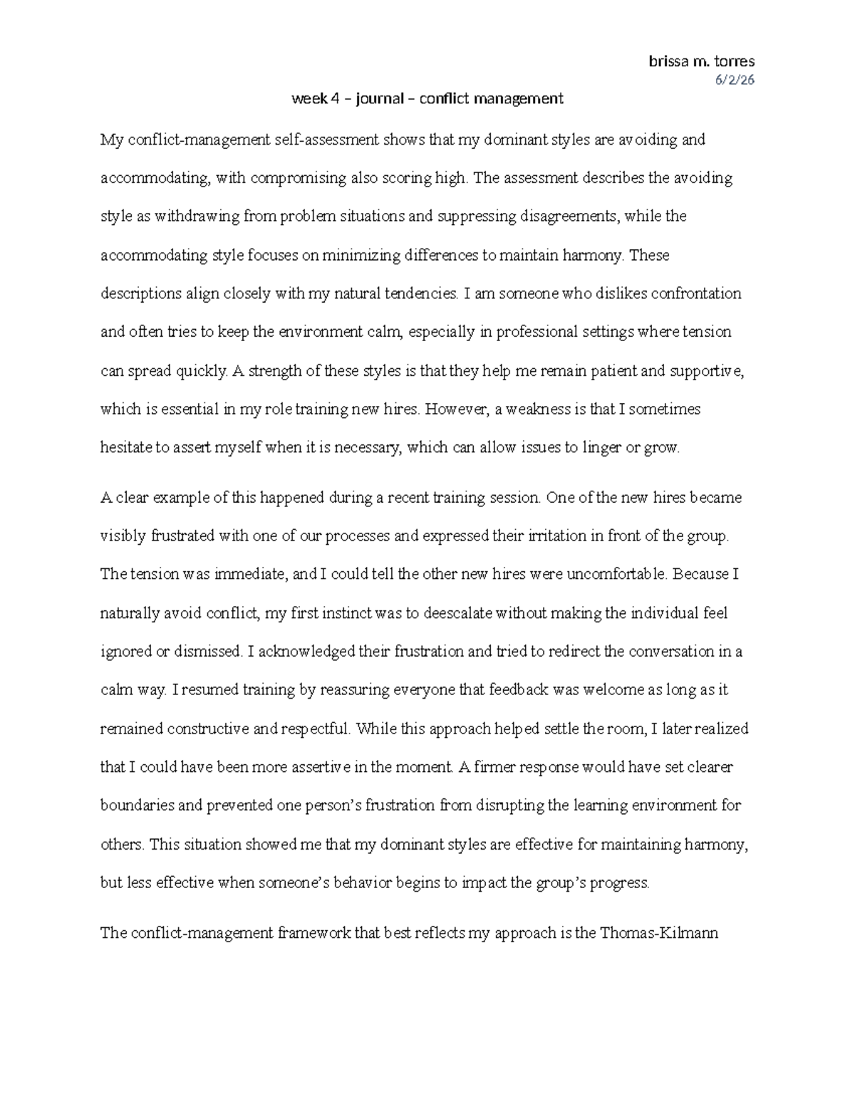 OL 215 WEEK 4 Journal: Conflict Management Styles and Insights - Studocu