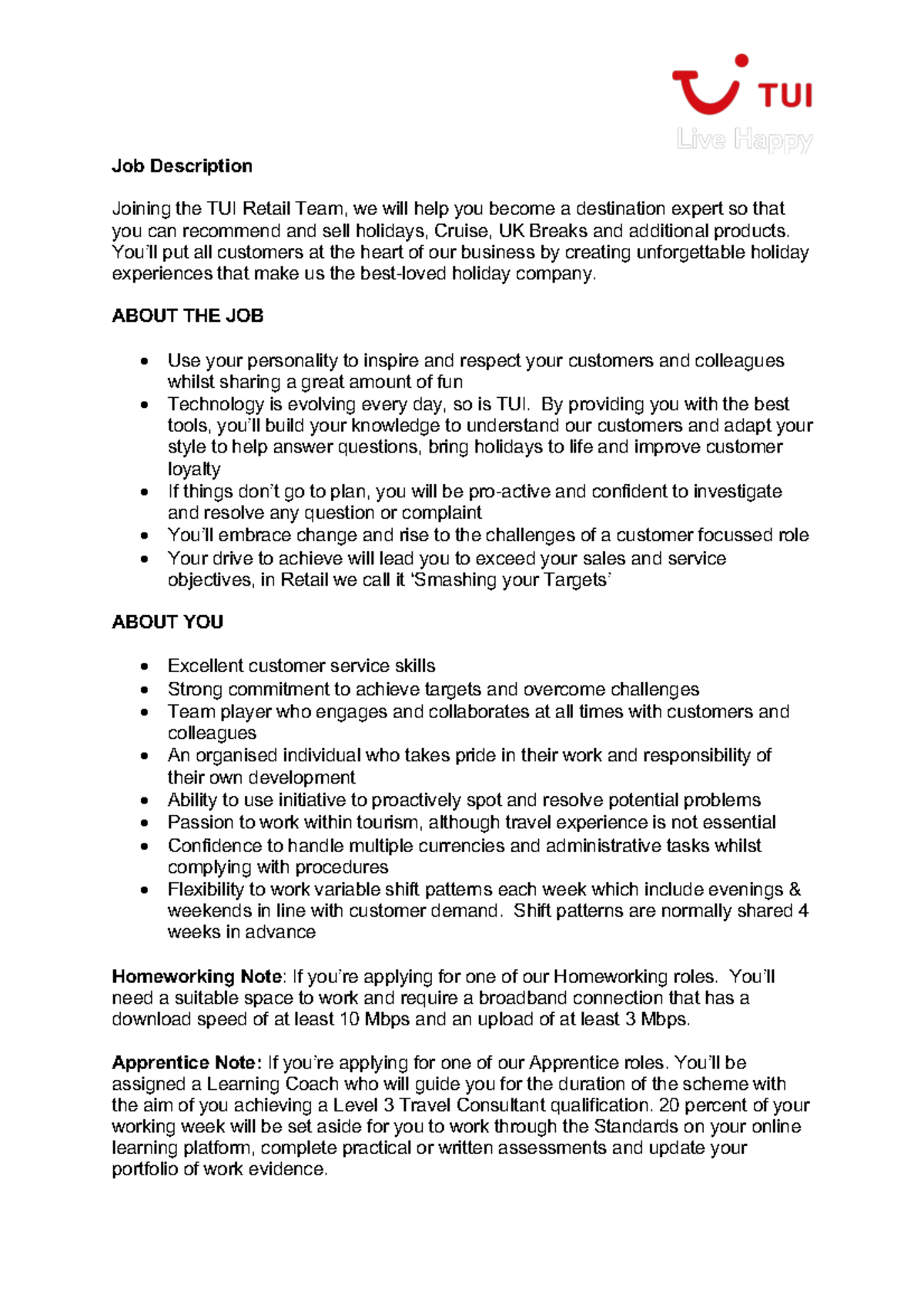 TUI Retail Team Job Description & Expectations for Success - Studocu