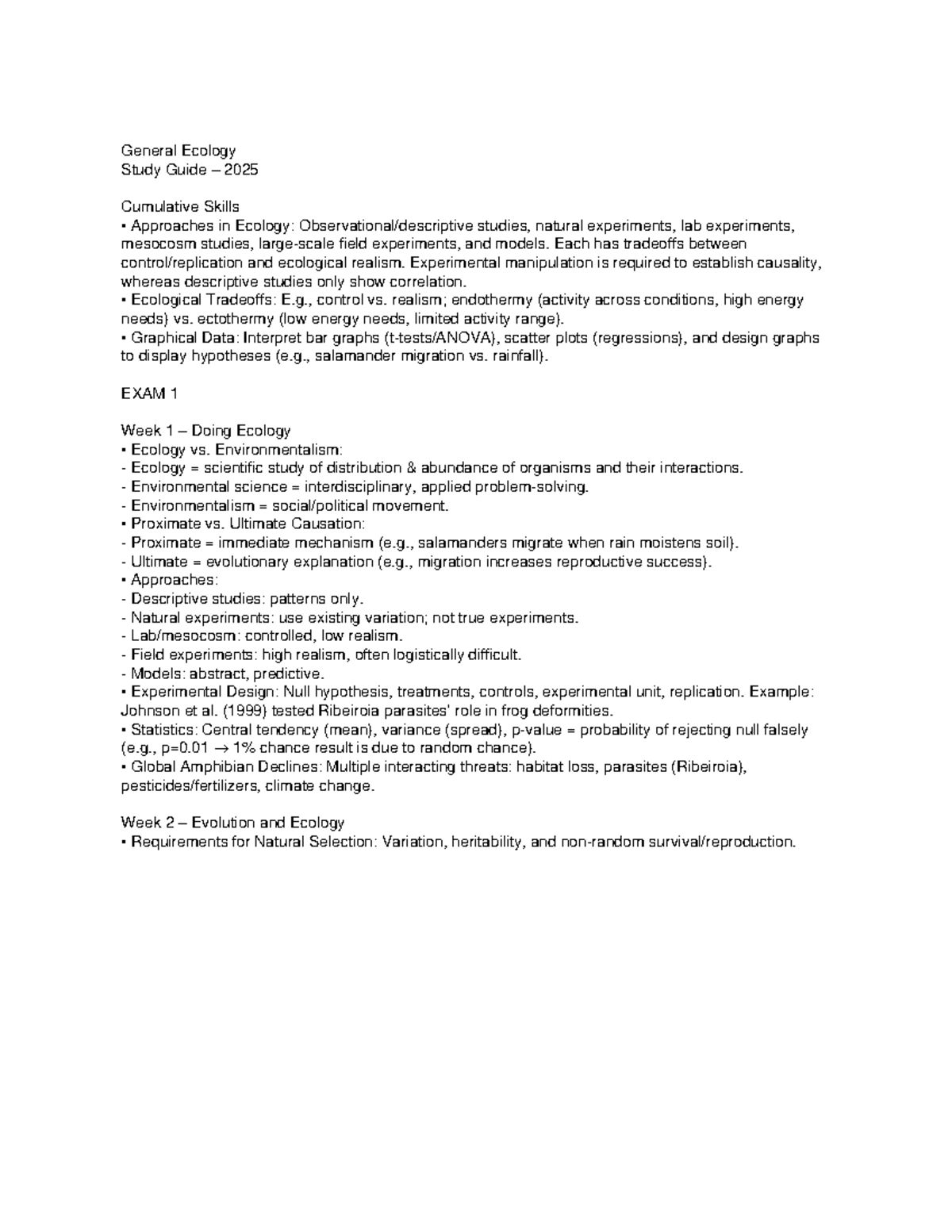 General Ecology Study Guide: Cumulative Skills & Approaches for Exam 1 ...
