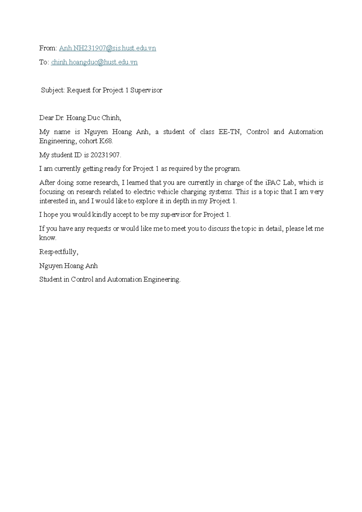 Request for Project 1 Supervision - Control and Automation Eng. K68 ...