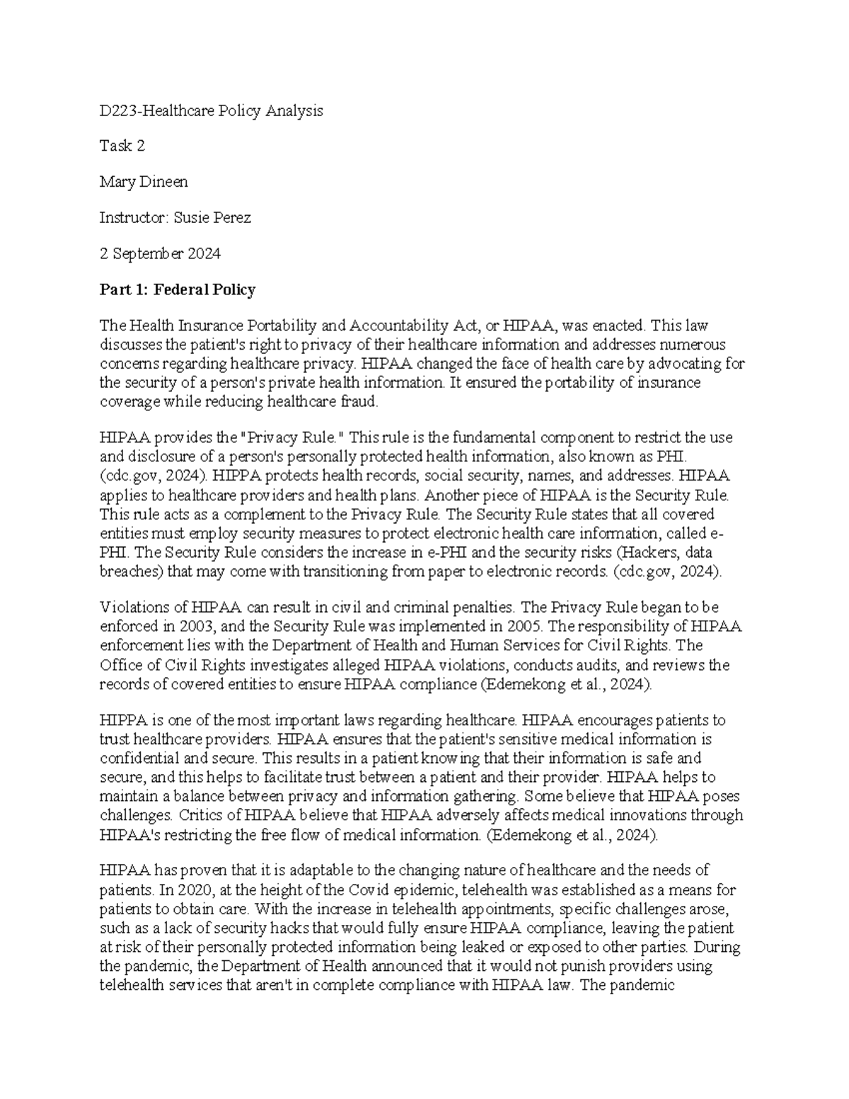 D223 task2take3 - Pass - D223-Healthcare Policy Analysis Task 2 Mary ...