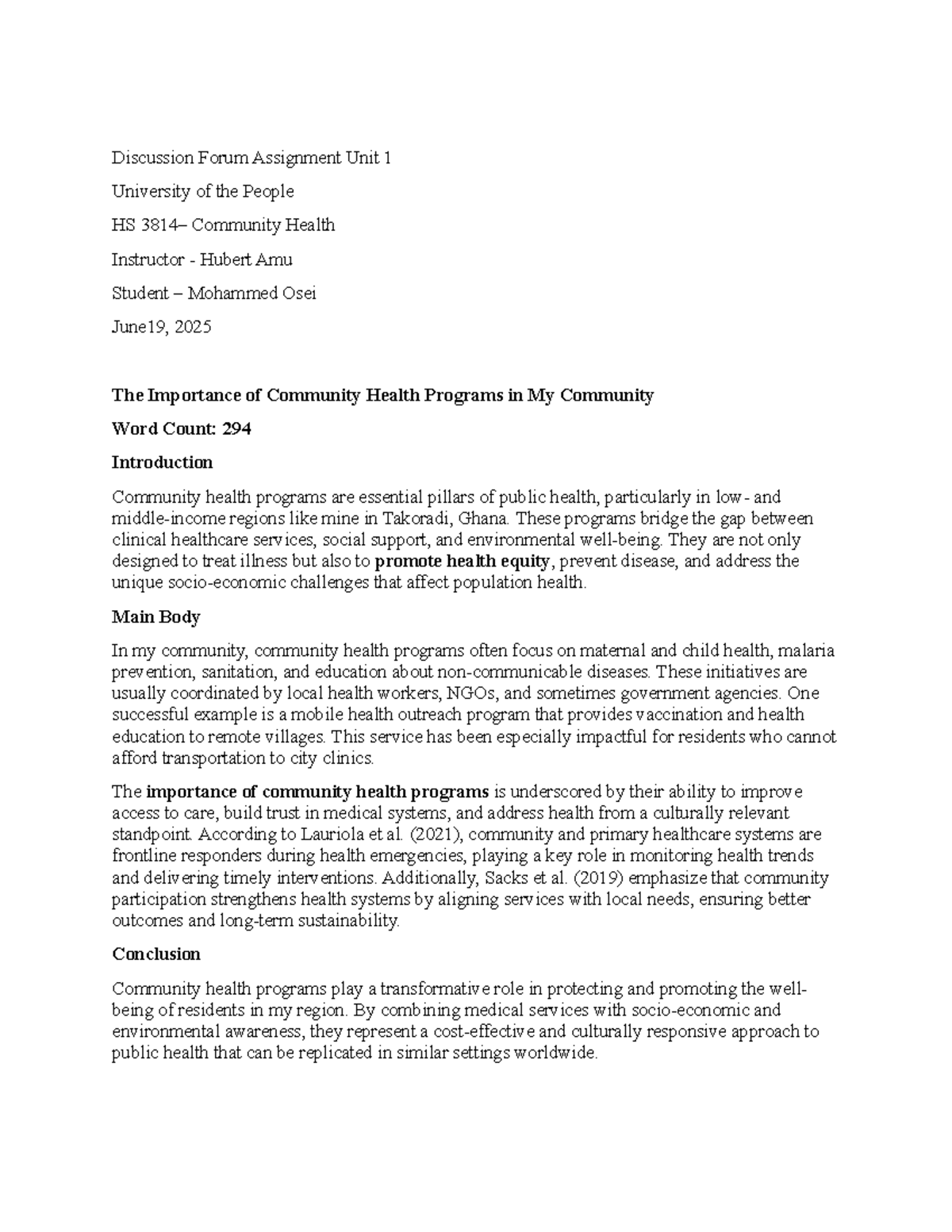 Discussion Forum Assignment Unit 1: Community Health Programs in ...