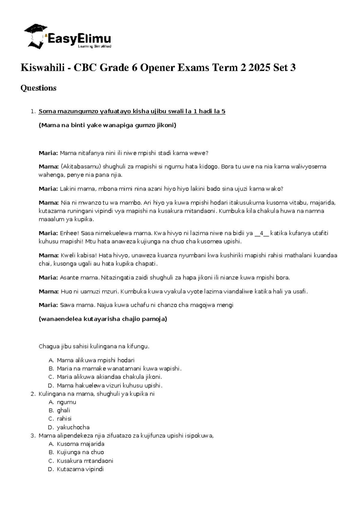Kiswahili CBC Grade 6 Opener Exams Term 2 2025 Set 3 Questions and ...