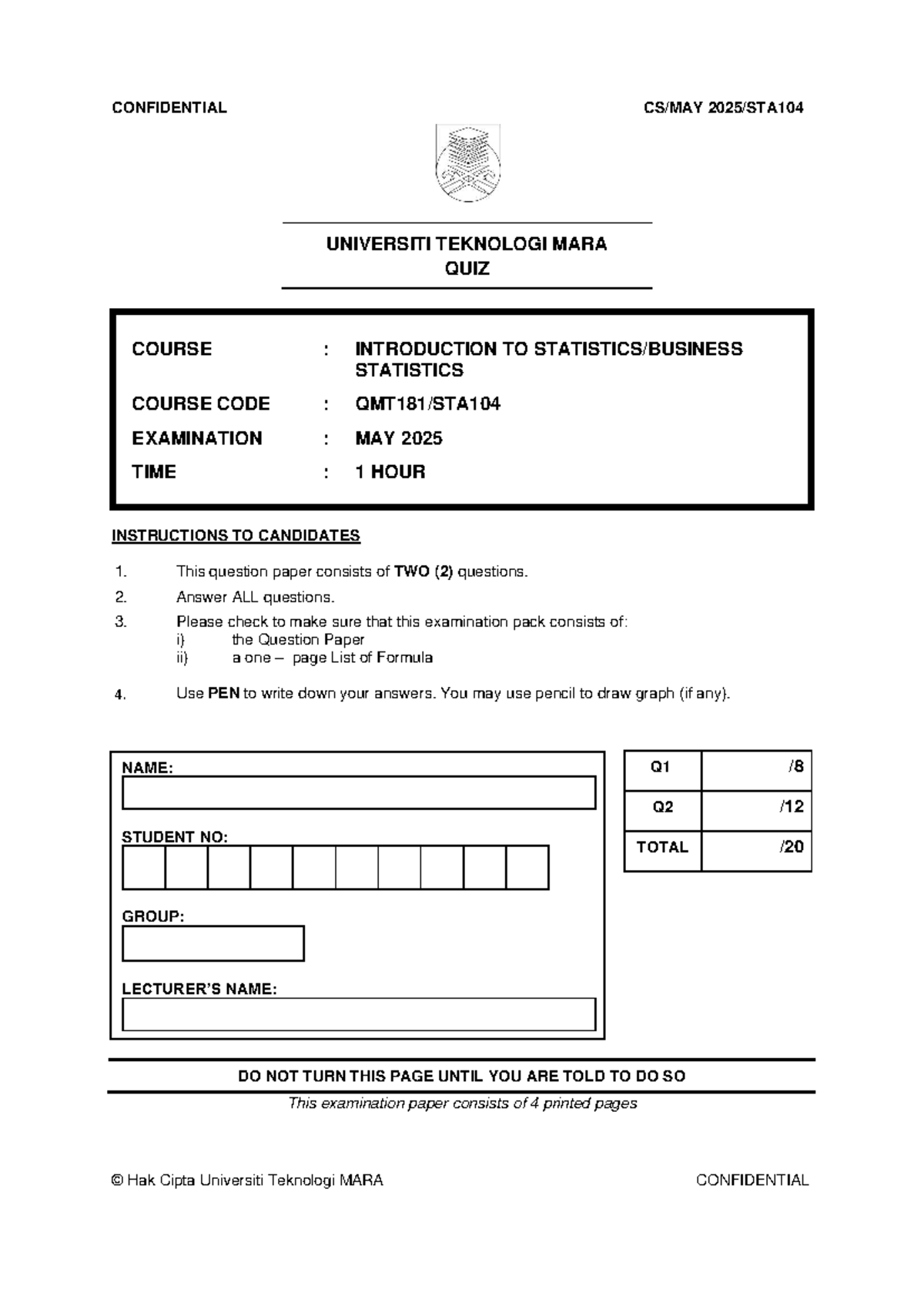 QUIZ STA104 - Introduction to Statistics Practice Exam - Studocu