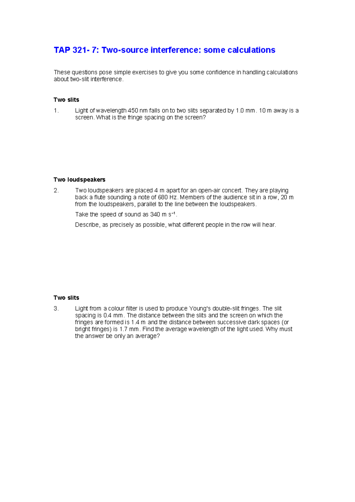 TAP 7: Two Source Interference Calculations Worksheet - Studocu