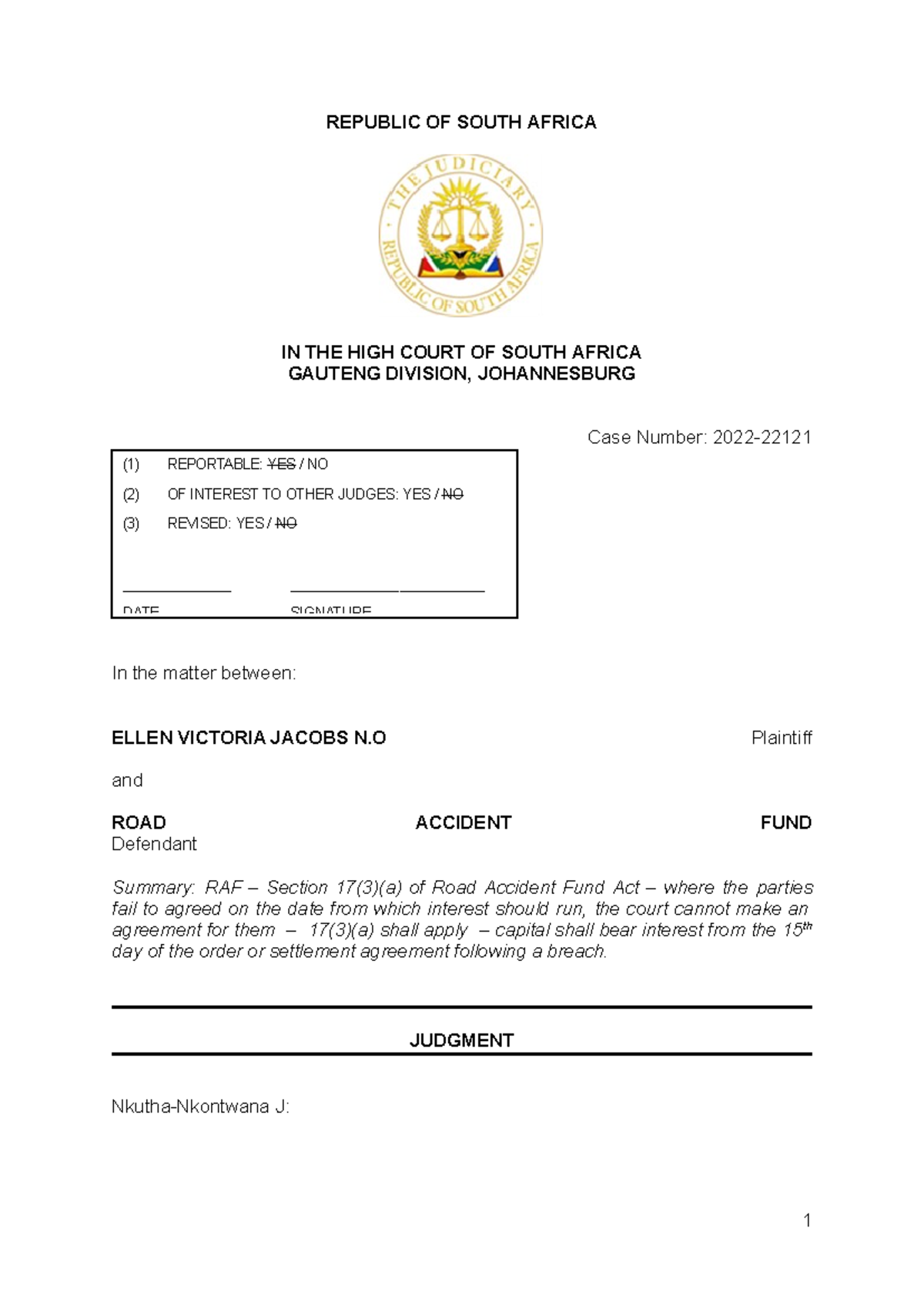 Jacobs NO v Road Accident Fund (2022/22121) Judgment Analysis (Jan 2024 ...