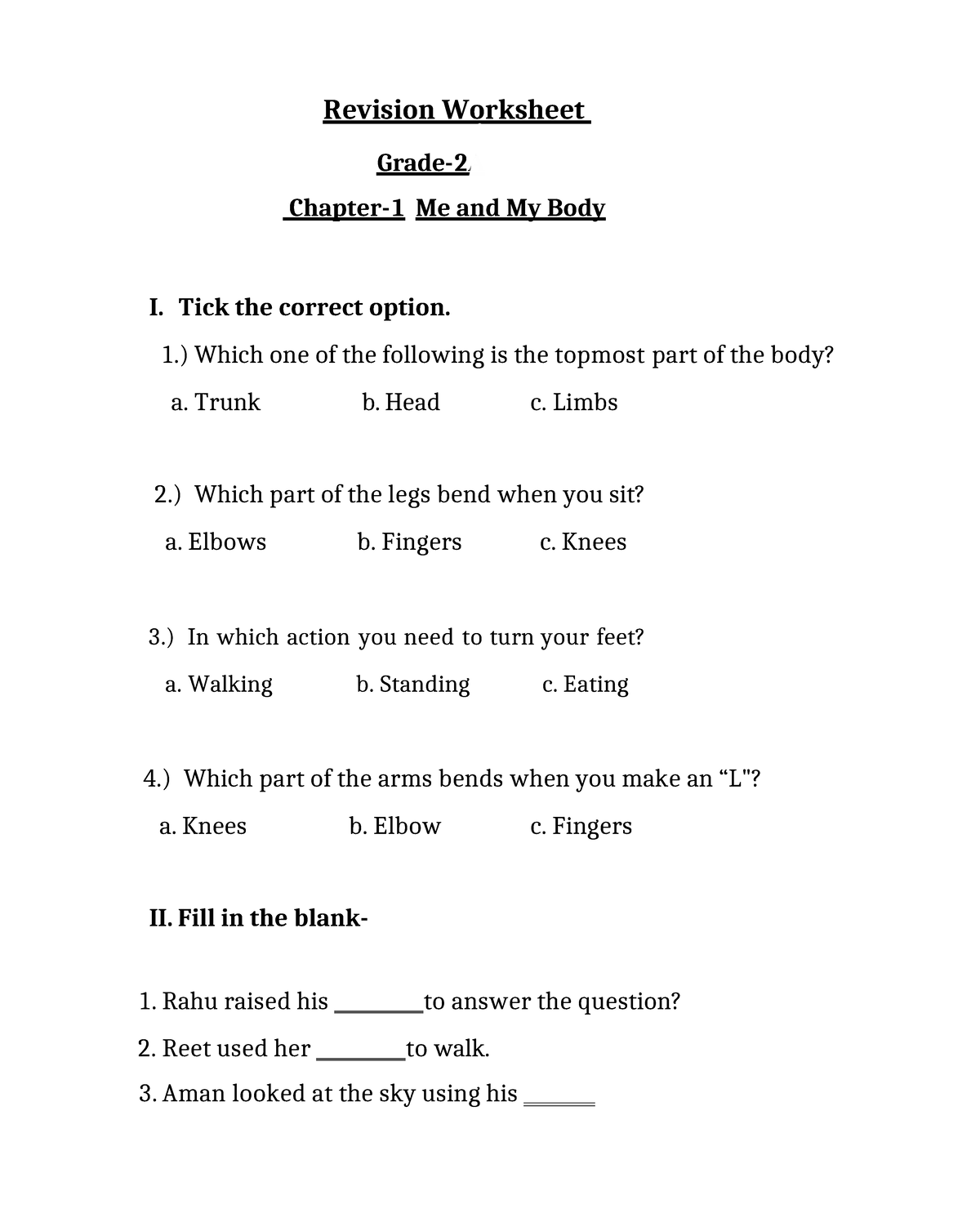 Grade-2 EVS Chapter 1: Me and My Body Revision Worksheet - Studocu