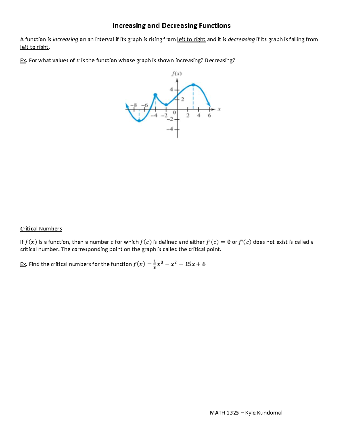 MATH 1325 - Increasing and Decreasing Functions Lecture Notes - Studocu