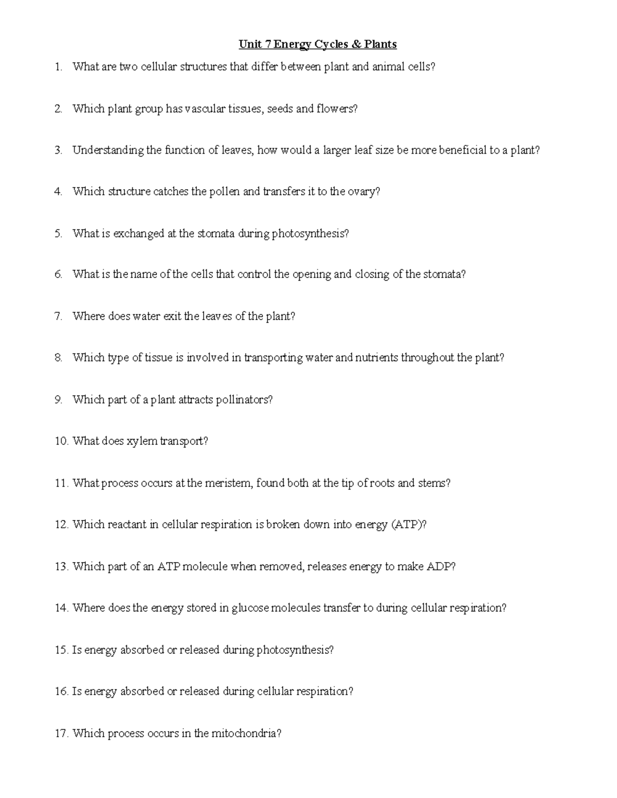 Unit 7 Energy Cycles and Plants Study Guide - Studocu