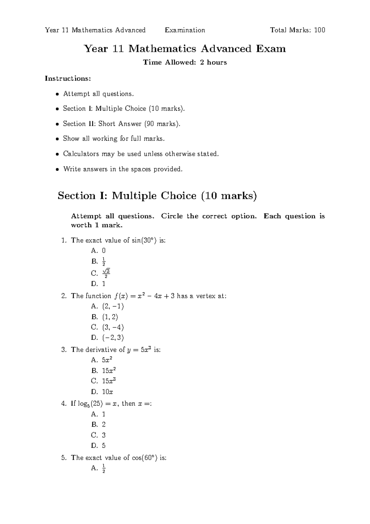 Year 11 Mathematics Advanced Exam - Total Marks: 100 - Studocu
