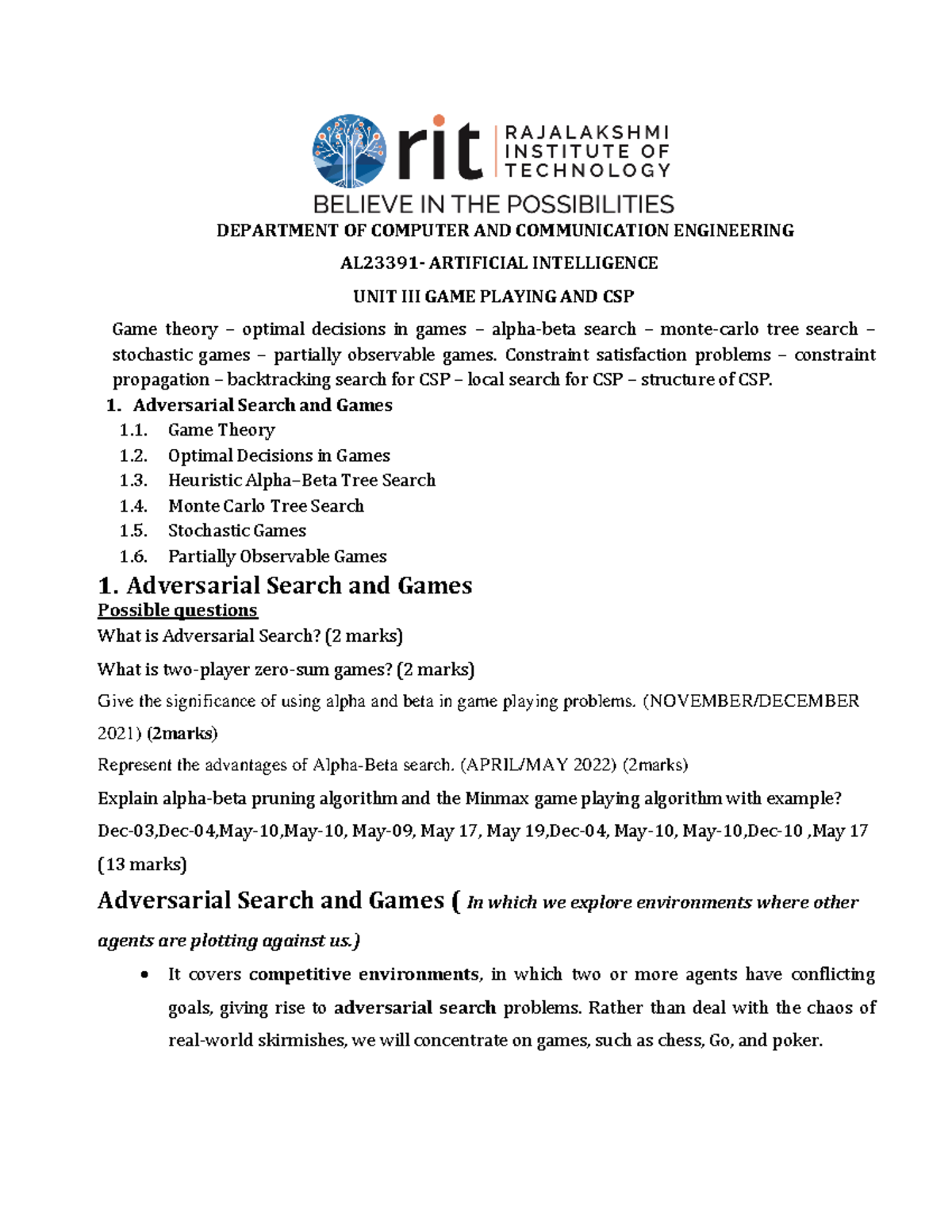 AI Unit 3: Game Playing Strategies and Constraint Satisfaction Problems ...