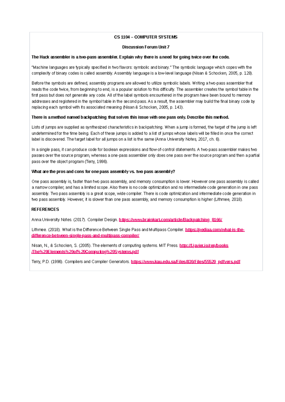 Discussion Forum Unit 7, cs 1104 - CS 1104 – COMPUTER SYSTEMS ...