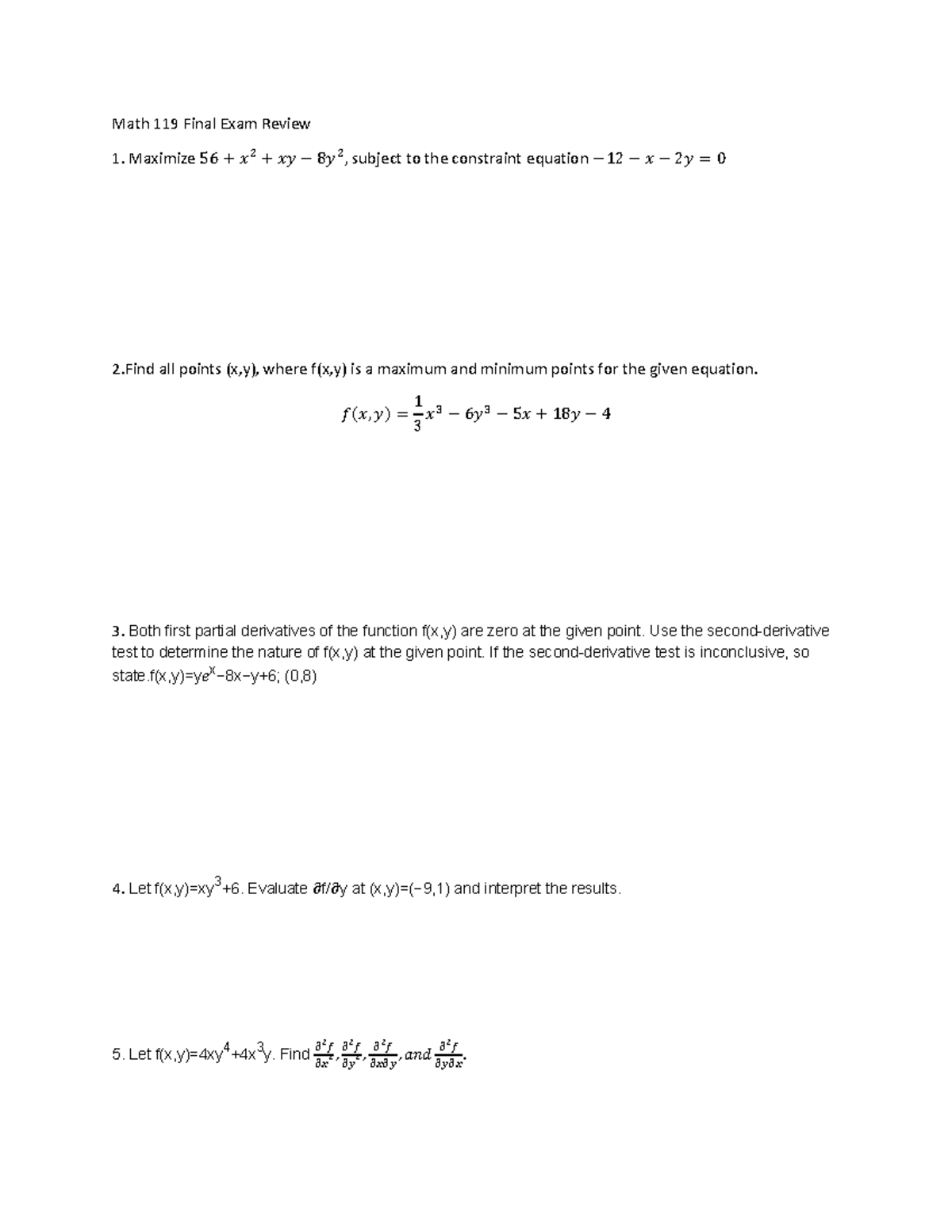 Math 119 Final Exam Review: Optimization and Area Problems - Studocu
