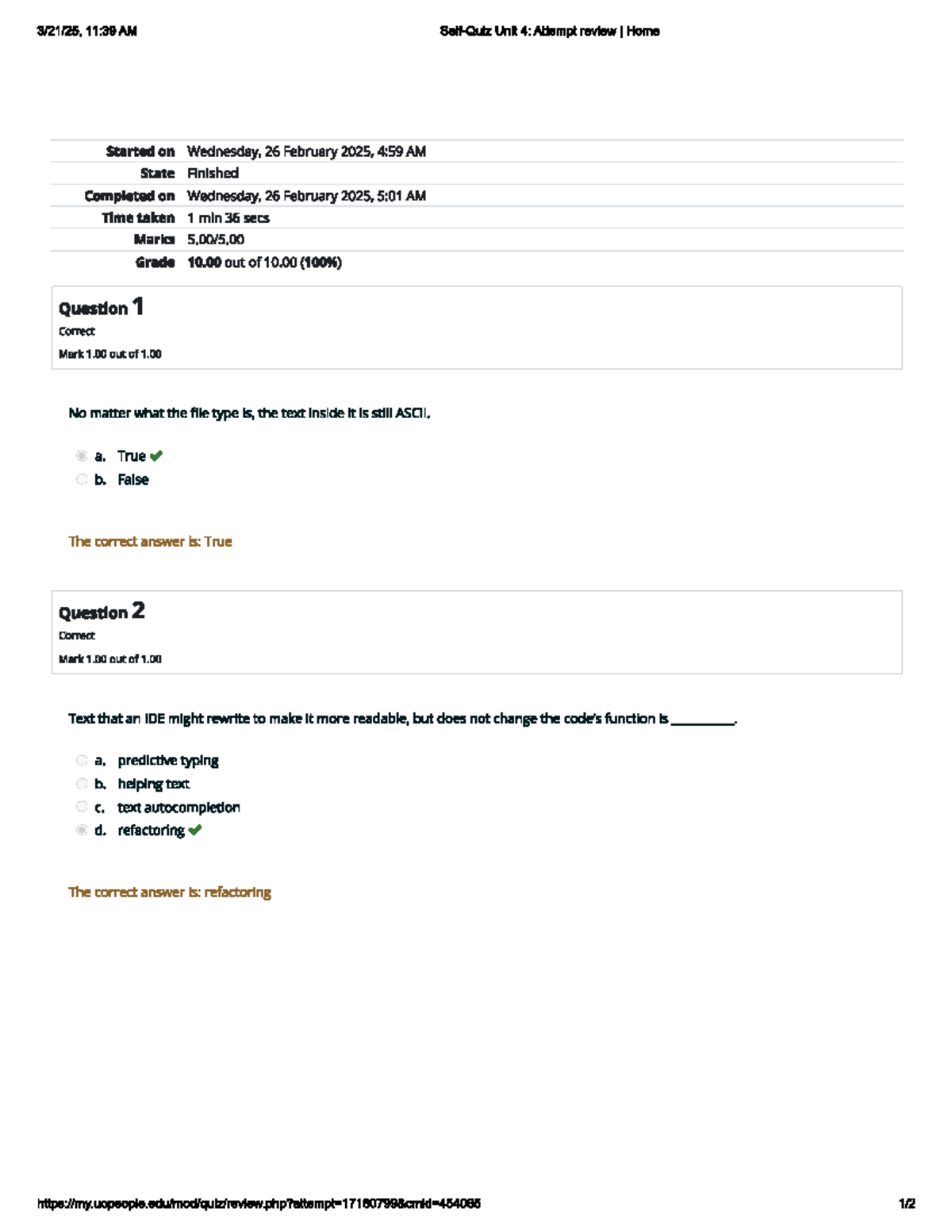 CS 3307 Self Quiz: Unit 4b Attempt Review and Answers - Studocu