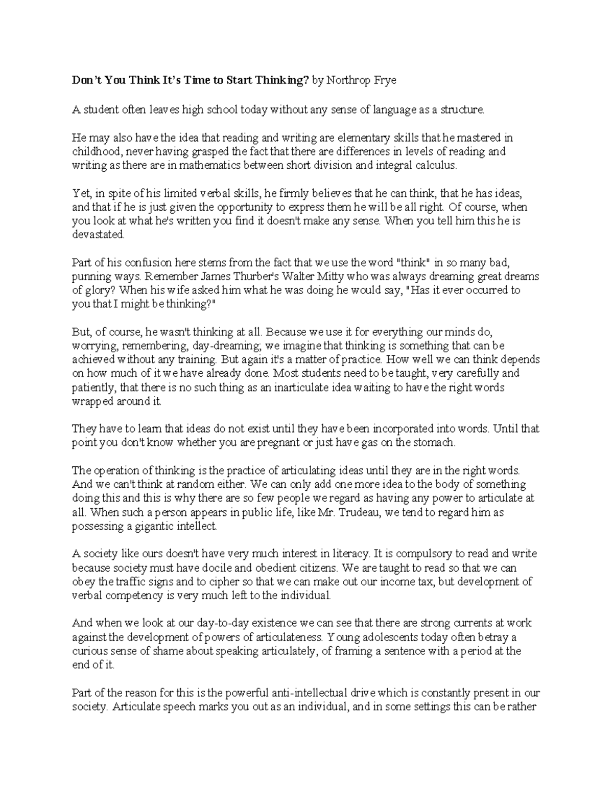 ENG 101 Essay: Don't You Think It's Time to Start Thinking? - Studocu