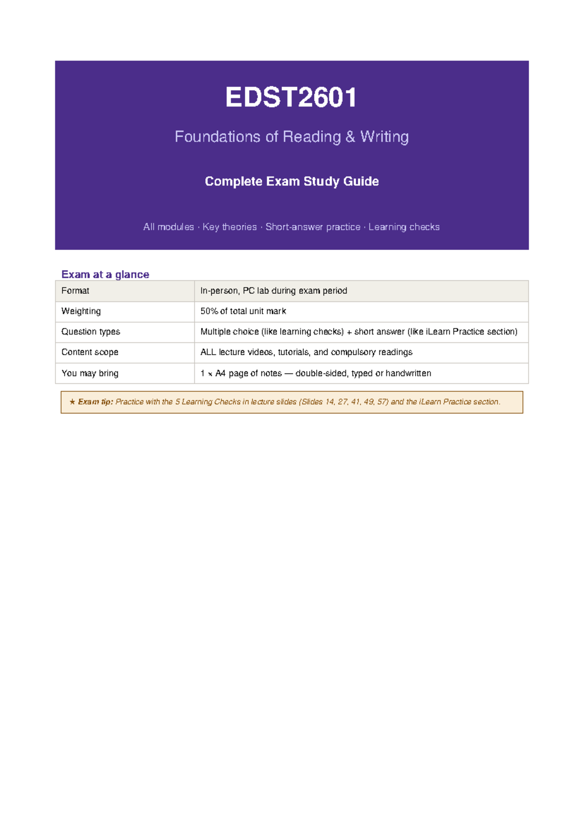 EDST2601 Foundations of Reading & Writing Complete Exam Study Guide ...