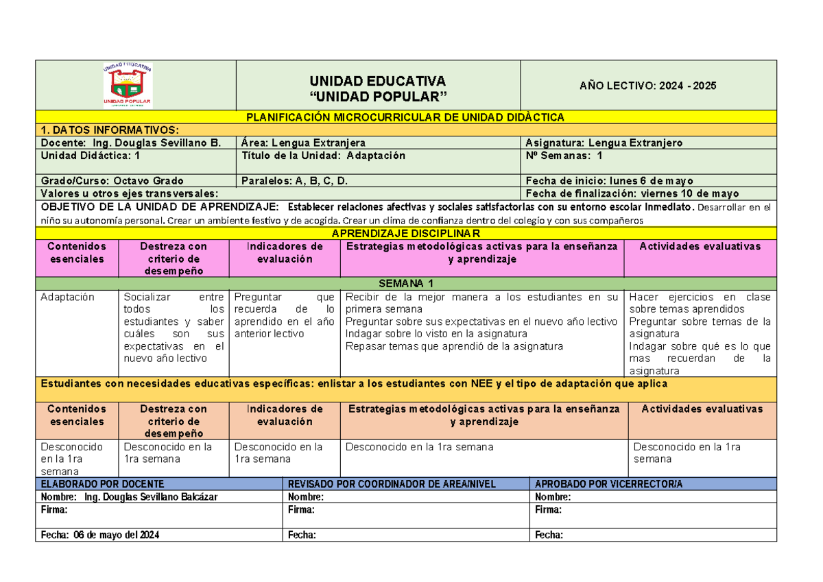 Planificación Microcurricular de Lengua Extranjera 2024 - Douglas Sevillano - Studocu