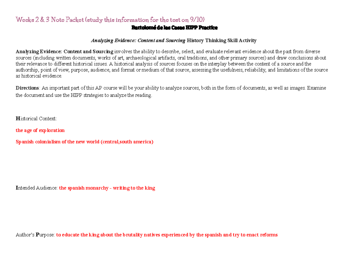 Weeks 2 and 3 note packet for AP history: Bartolomé de las Casas ...