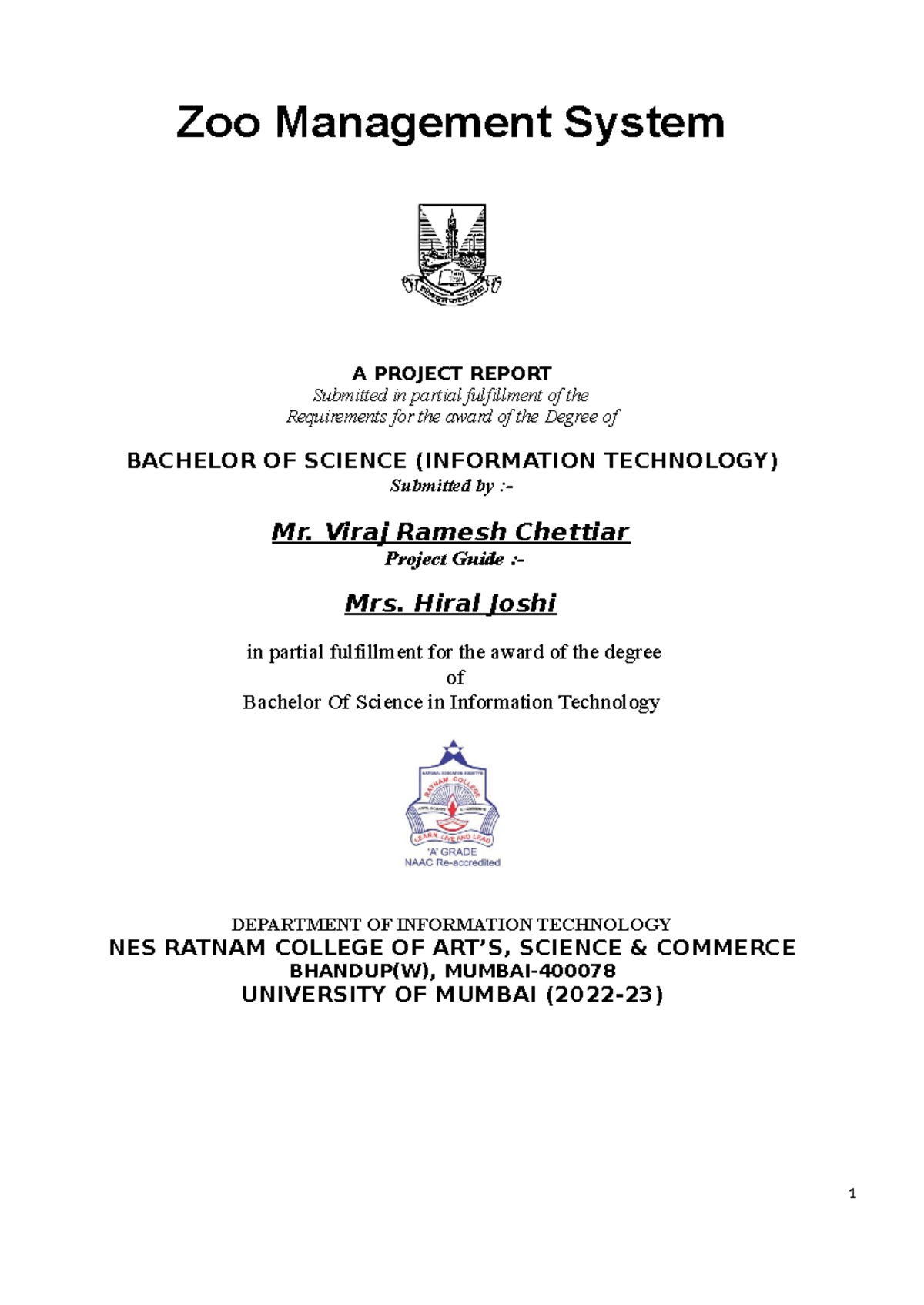 Blackbook - .................... - Zoo Management System A PROJECT REPORT Submitted in partial ...