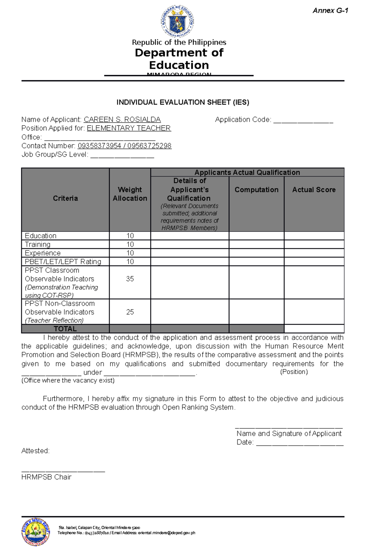 Enc-3 - To reach information needed - INDIVIDUAL EVALUATION SHEET (IES ...