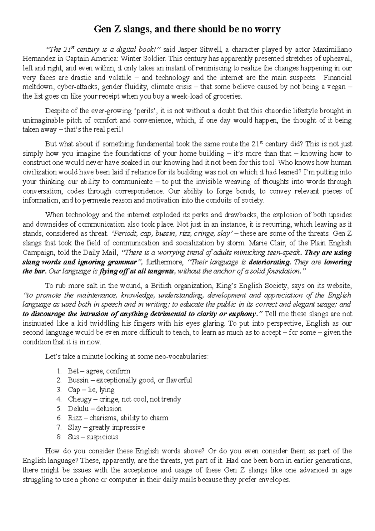 Gen-Z Slangs - ESSAY - Gen Z slangs, and there should be no worry “The ...