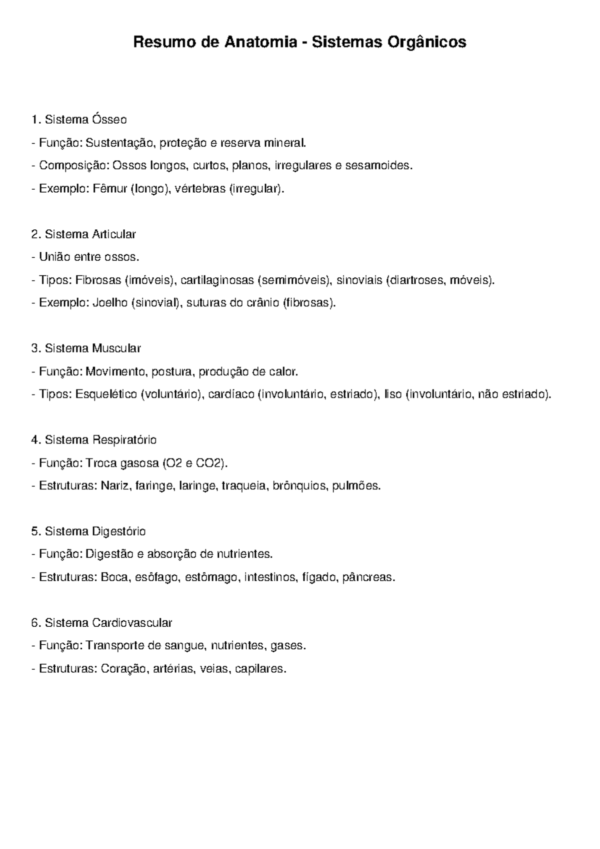 Resumo de Anatomia: Sistemas Orgânicos e Suas Funções - Studocu