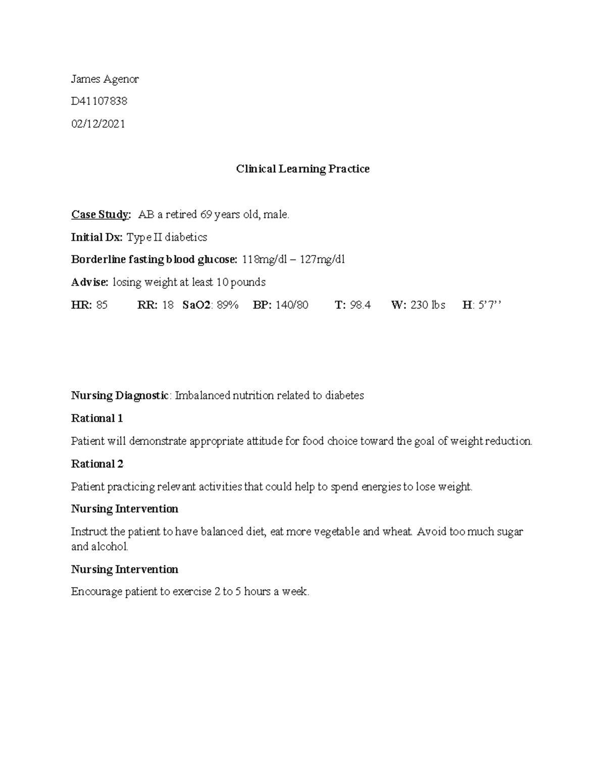NR226 Clinical Learning Activity: Case Study on Type II Diabetes ...