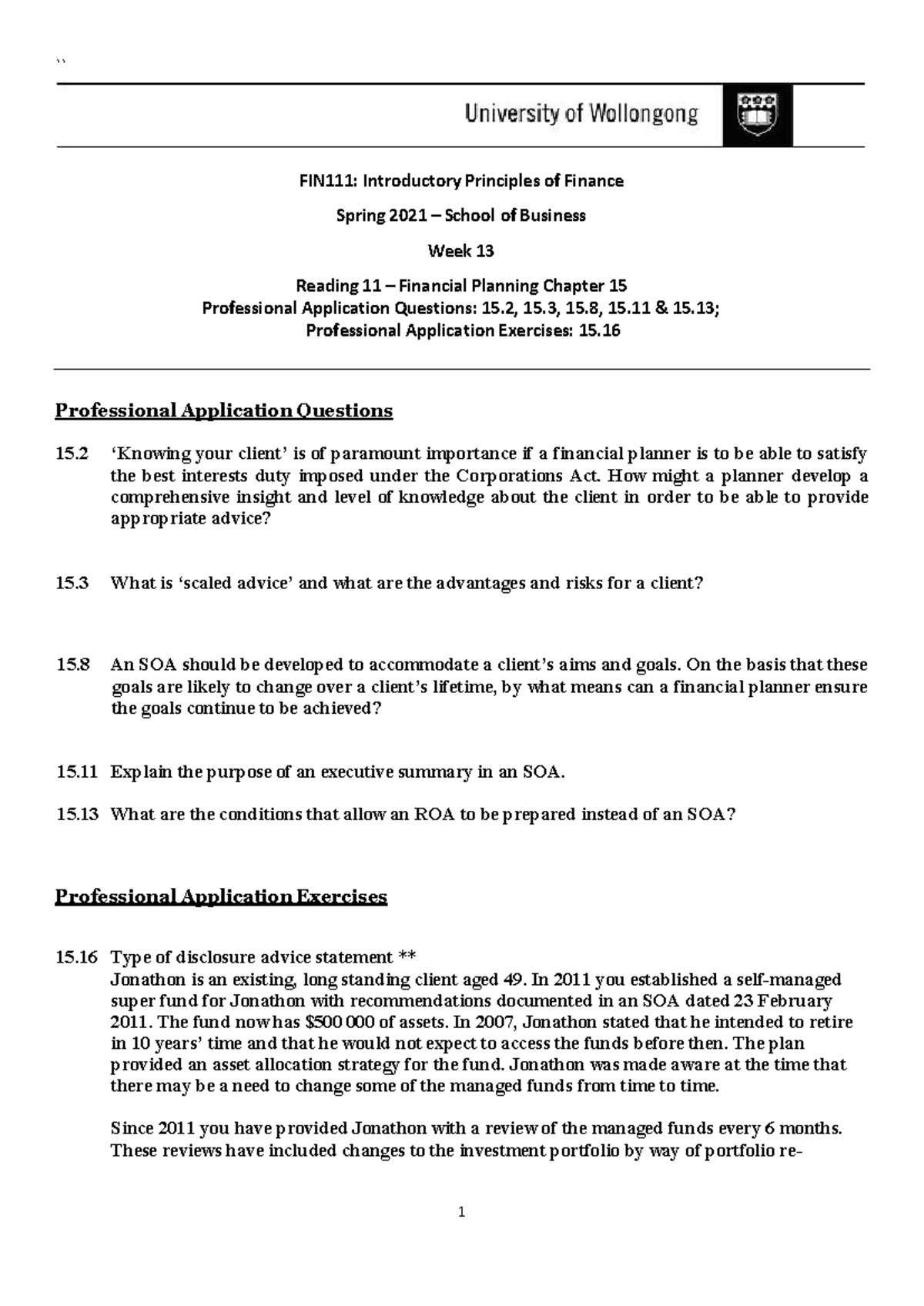 Week 13 FIN111 Tutorial Questions - 1 `` FIN111: Introductory ...