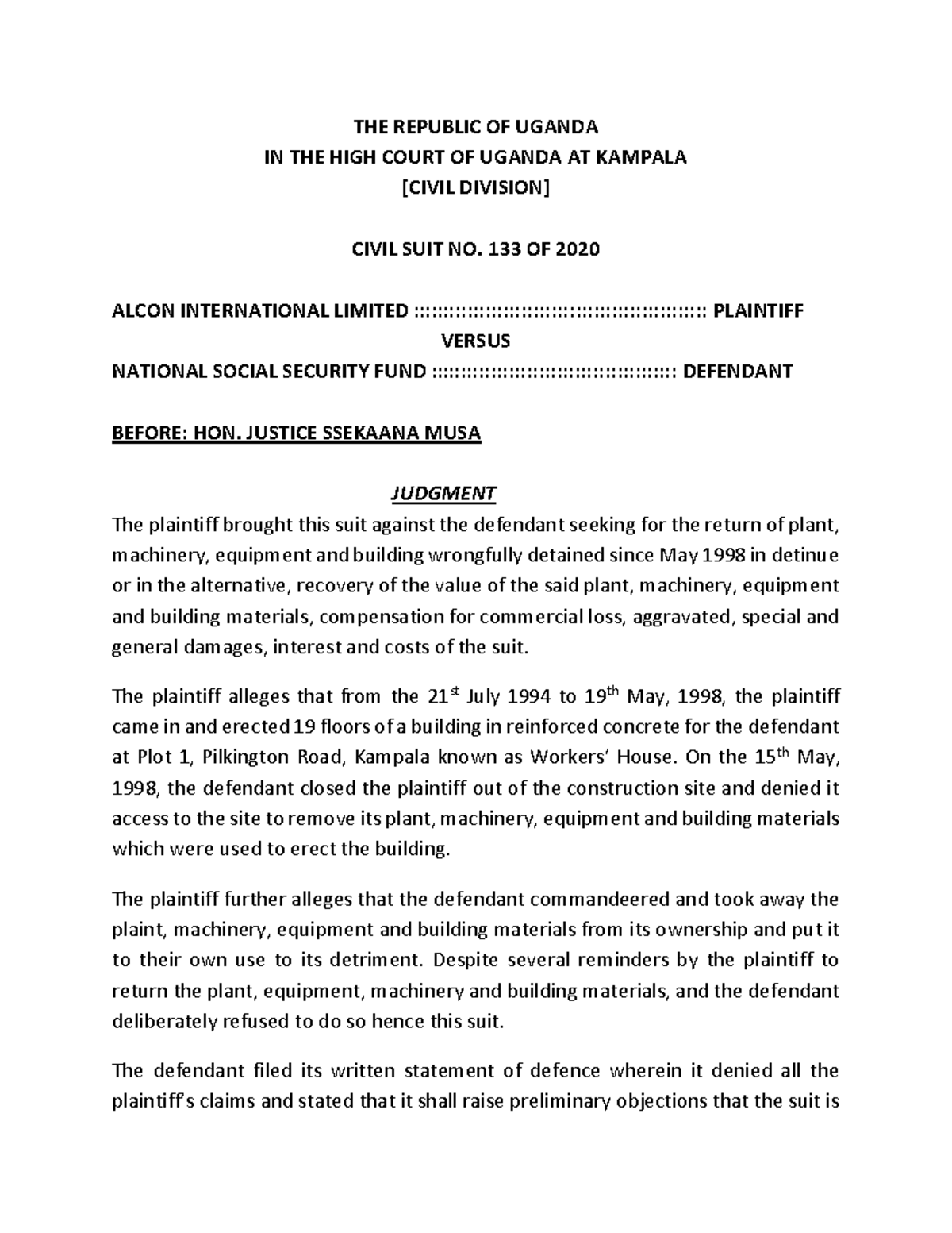 Alcon International Ltd v NSSF: Judgment on Civil Suit No. 133/2020 ...