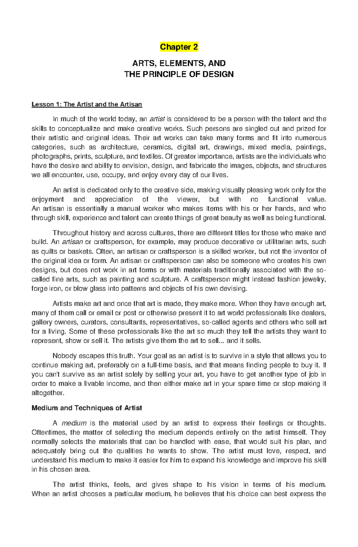 Chapter 2 Arts Elements and the Principles of Design - Chapter 2 ARTS, ELEMENTS, AND THE ...