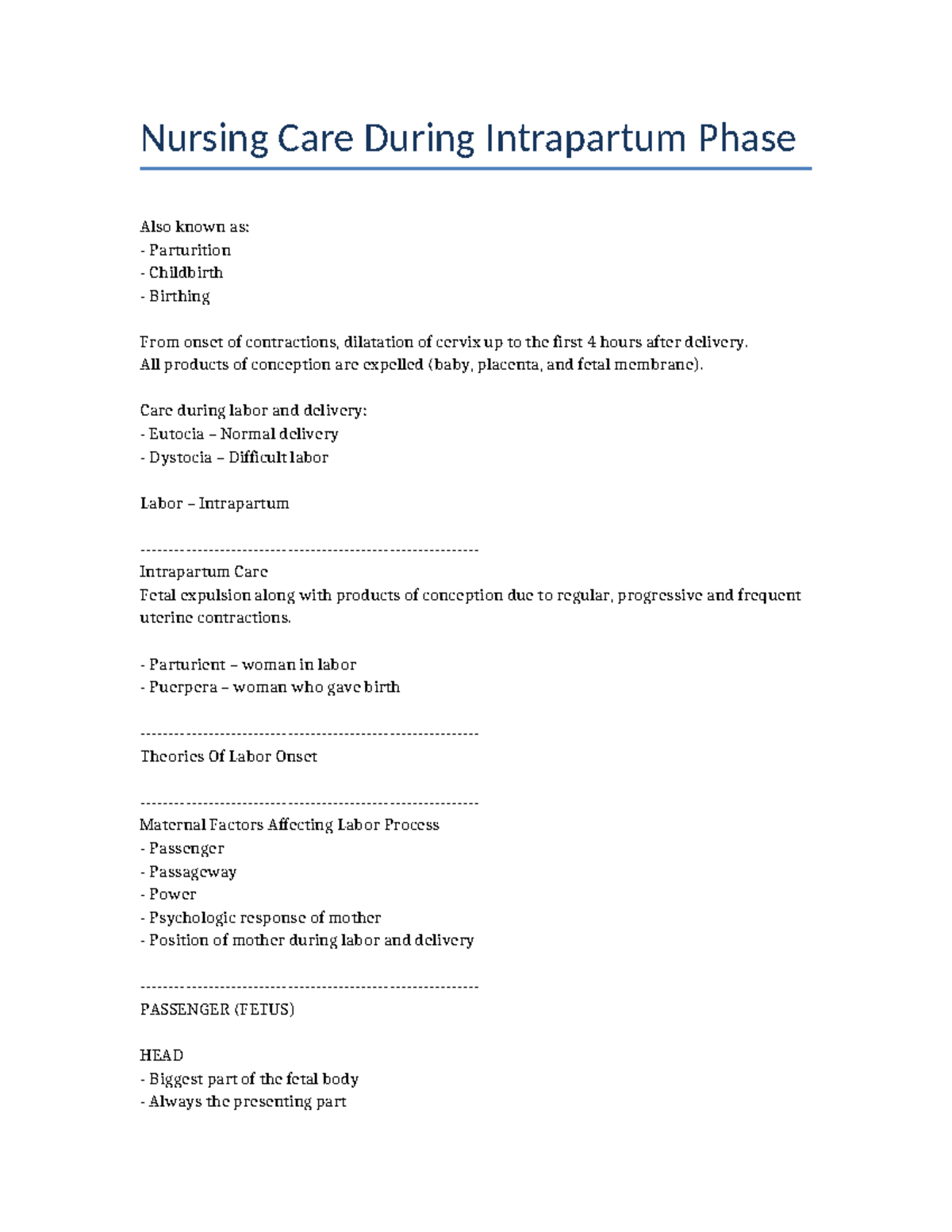 NUR 101: Intrapartum Care and Childbirth Overview - Studocu