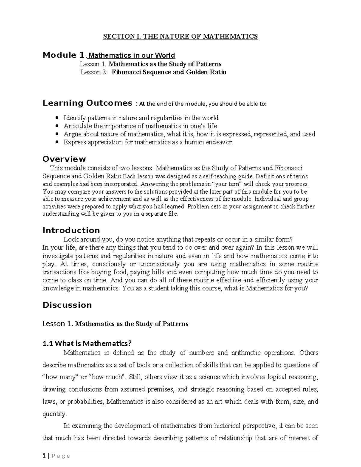 MMW 1 - Exploring Fibonacci, Golden Ratio & Patterns in Math - Studocu