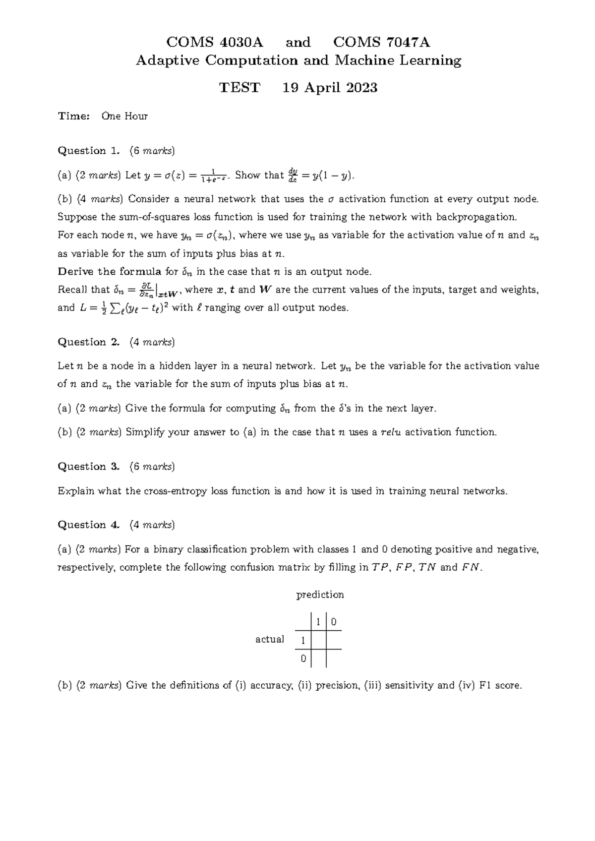 COMS 4030A & COMS 7047A Adaptive Computation & ML Test - April 2023 ...