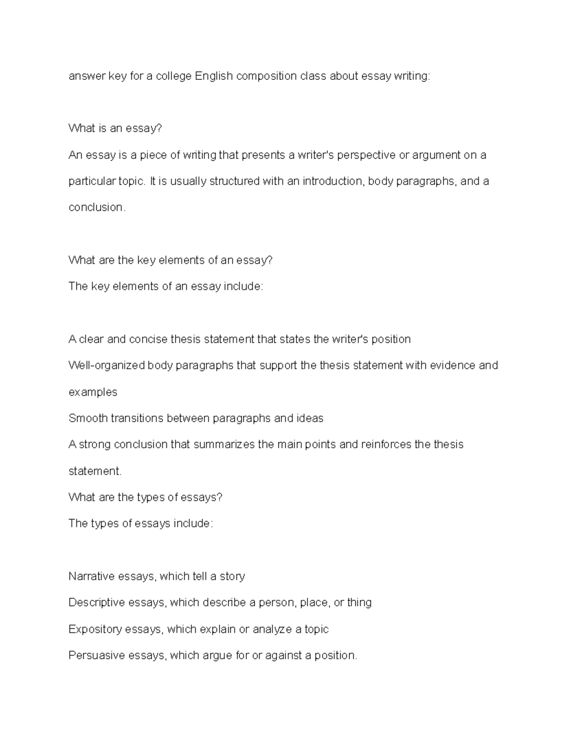 Answer Key for ENG 101: Essay Writing Composition Class - Studocu