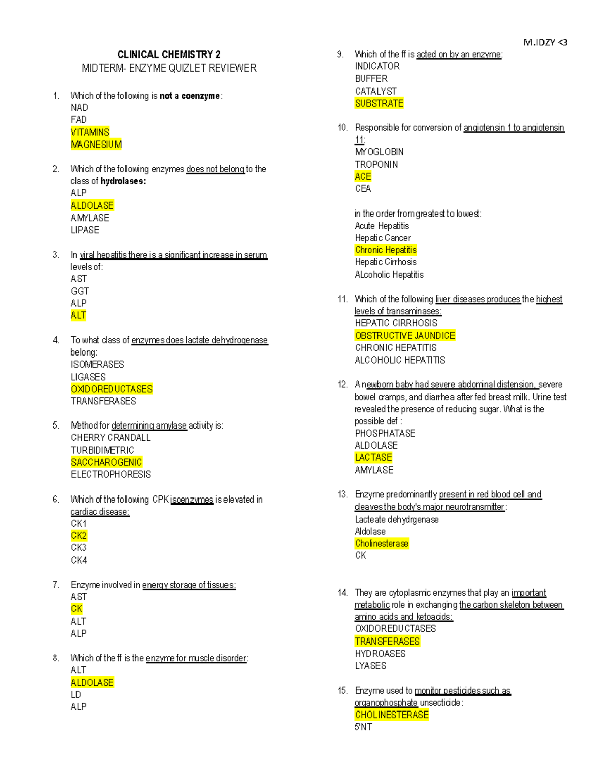 Clinical Chemistry 2 Midterm Enzyme Quizlet Reviewer - Studocu