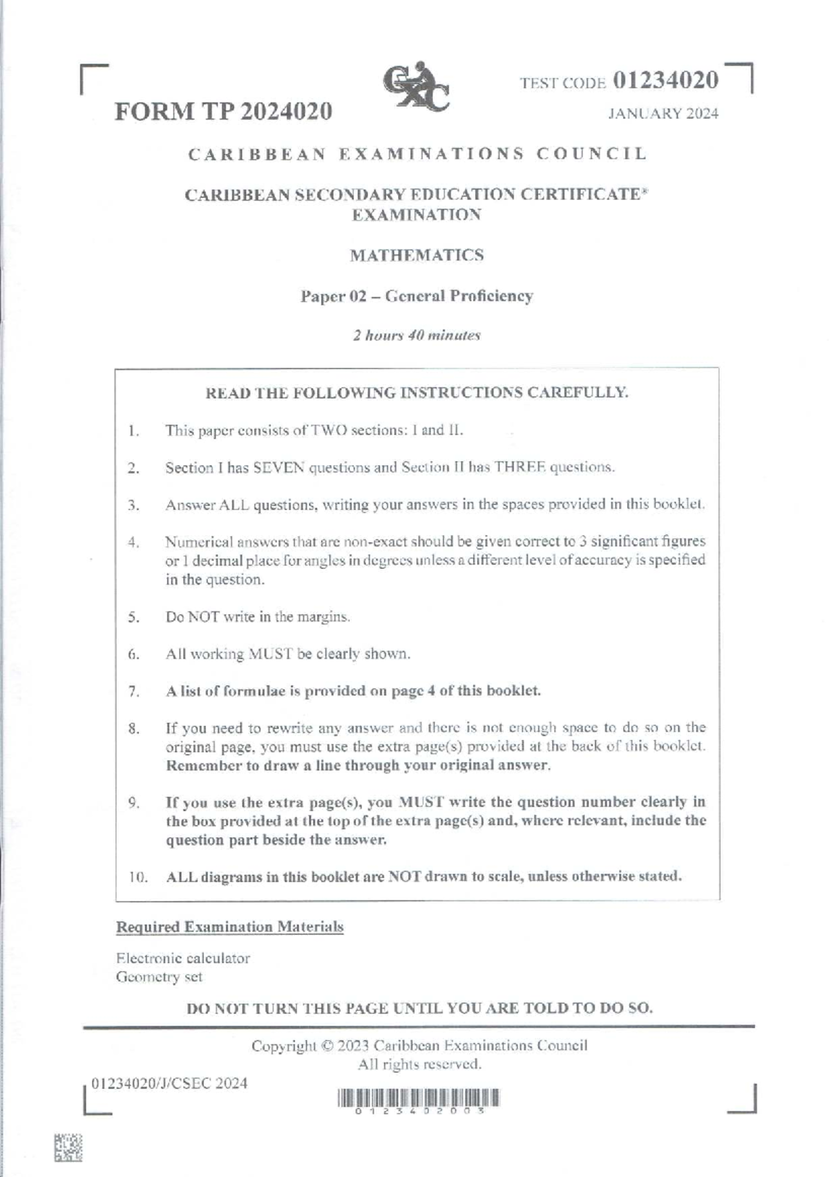 CSEC Math Paper 02 General Proficiency Jan 2024 - Practice Test ...