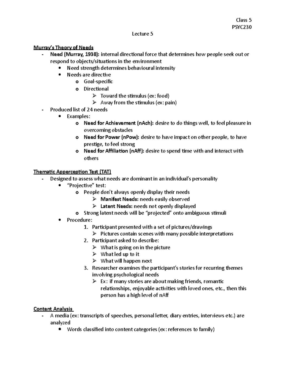 Lecture 5 - Class notes - PSYC Lecture 5 Murray’s Theory of Needs ...