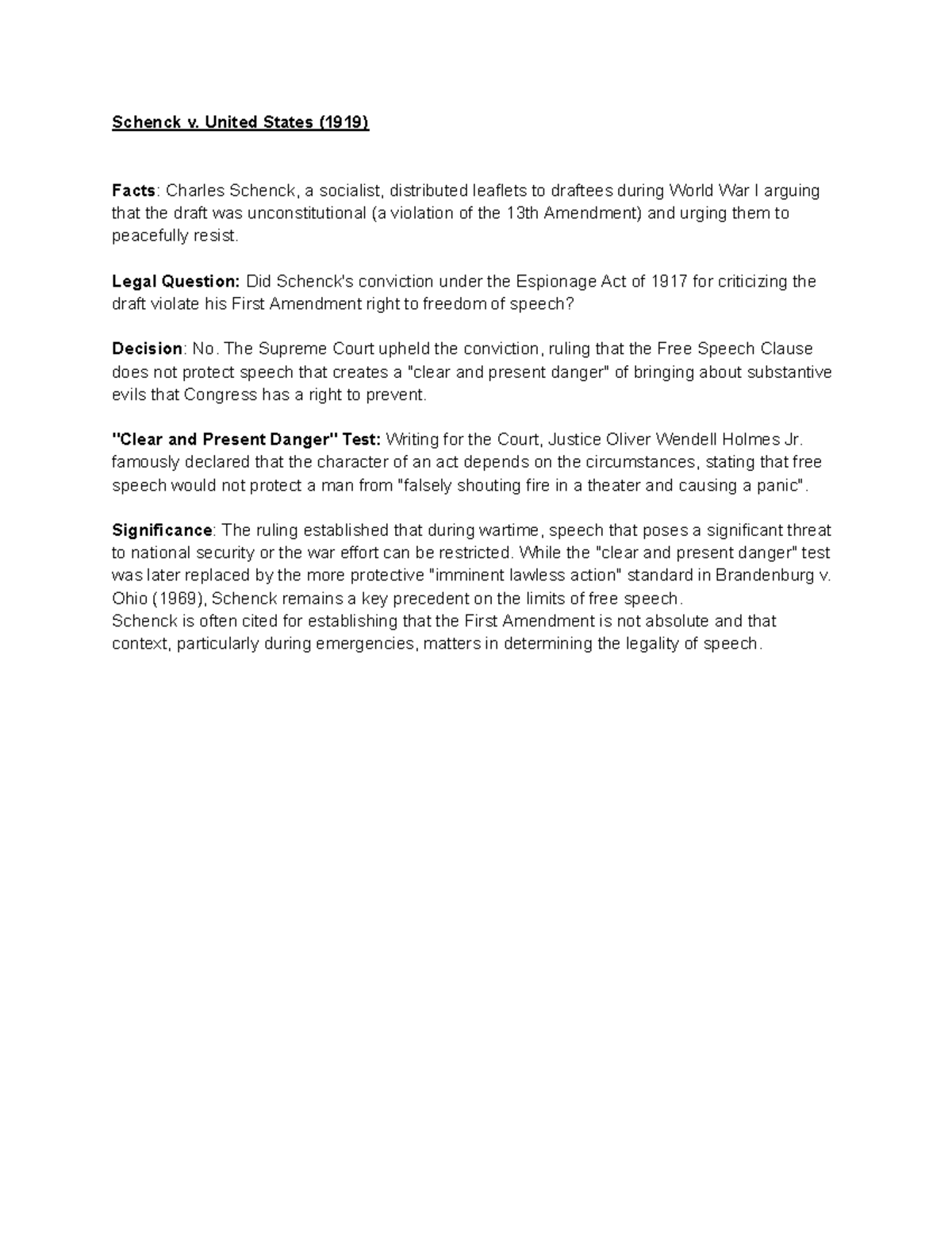 Schenck v. US (1919) - Key Facts & Legal Implications - Studocu