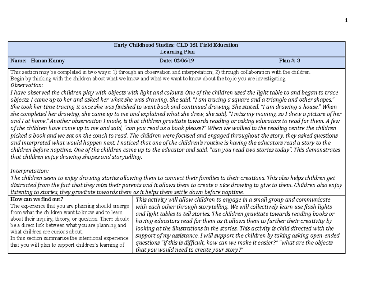 Cld-161-learning-plan 2019 - Early Childhood Studies: CLD 161 Field ...