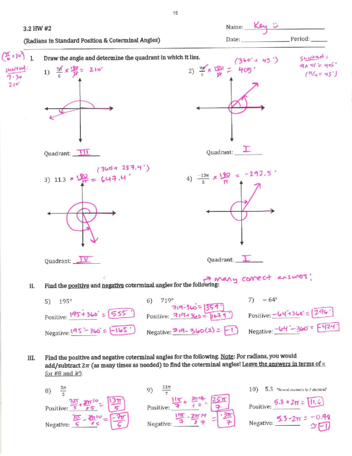 3.2 HW: Radians & Coterminal Angles (Math 3) - Studocu