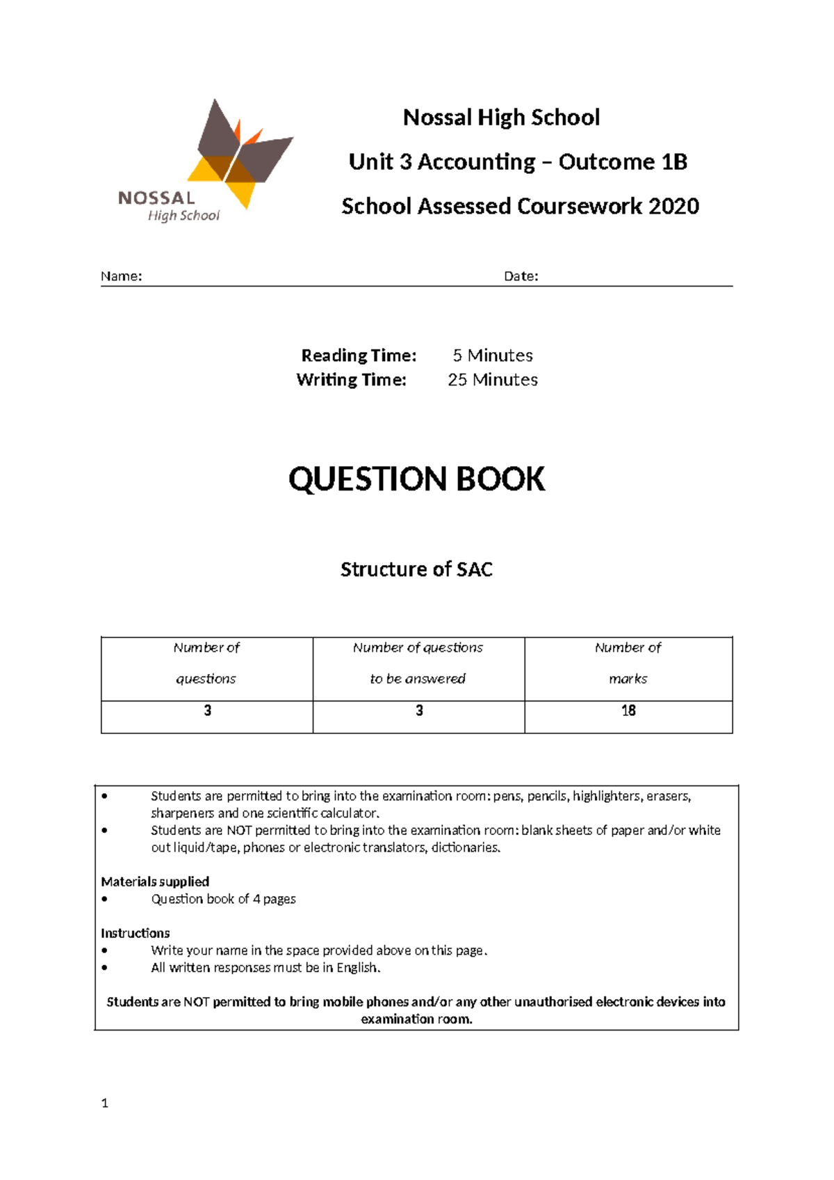 U3 Accounting Outcome 1B SAC Question Booklet 2020 - Studocu
