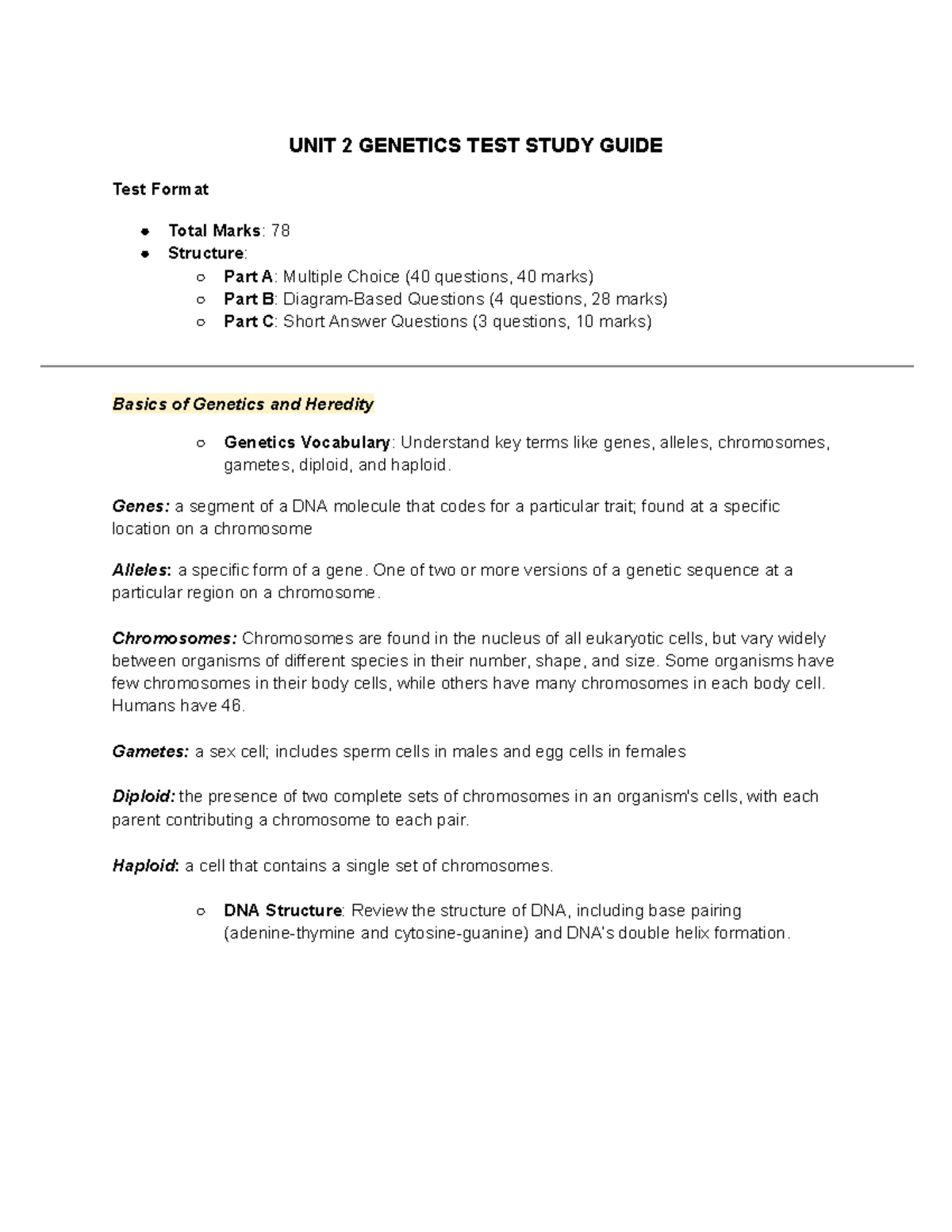 Unit 2 SBI3U - Genetics Test Study Guide and Study Notes - Studocu