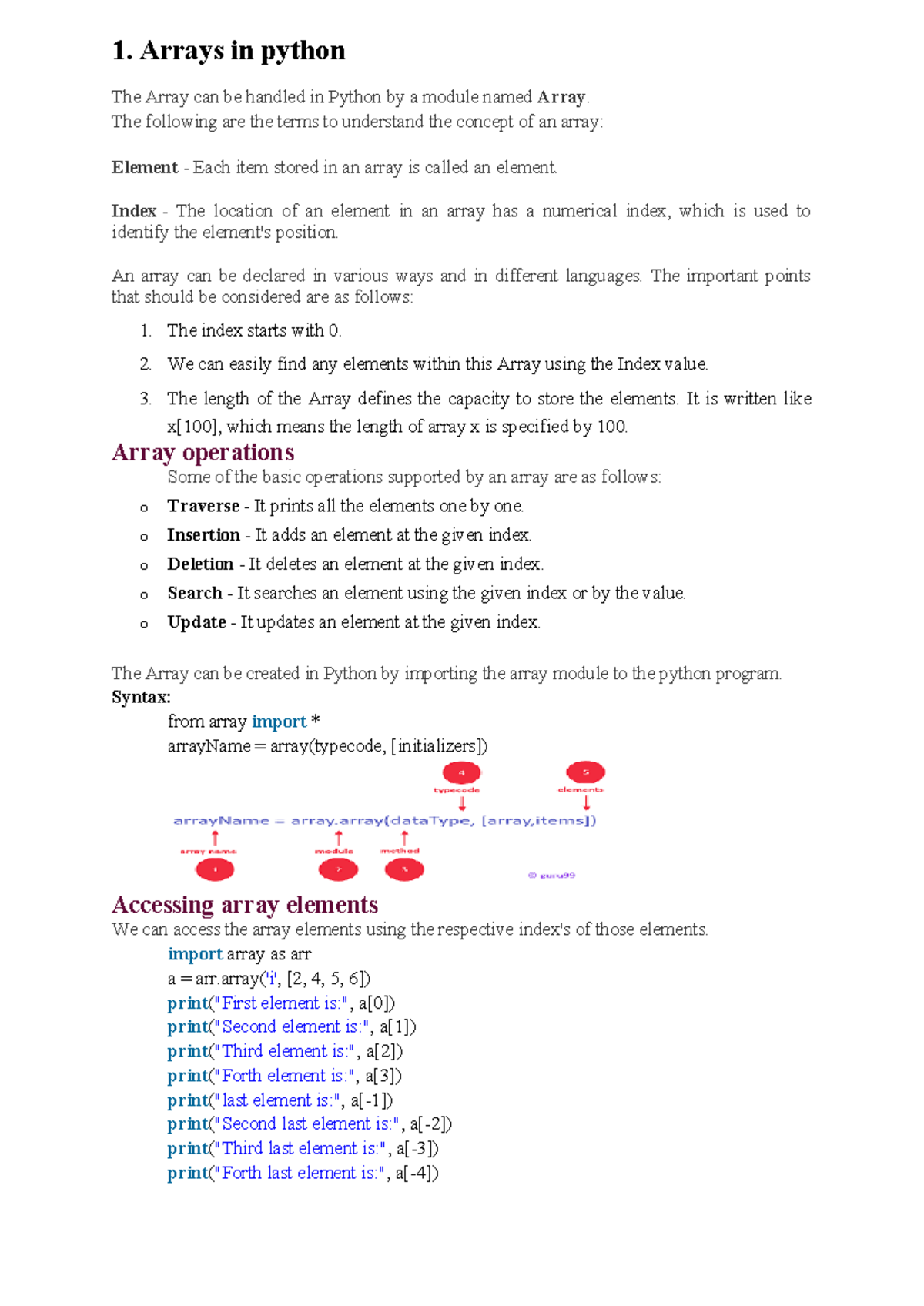 Python test study material - 1. Arrays in python The Array can be ...