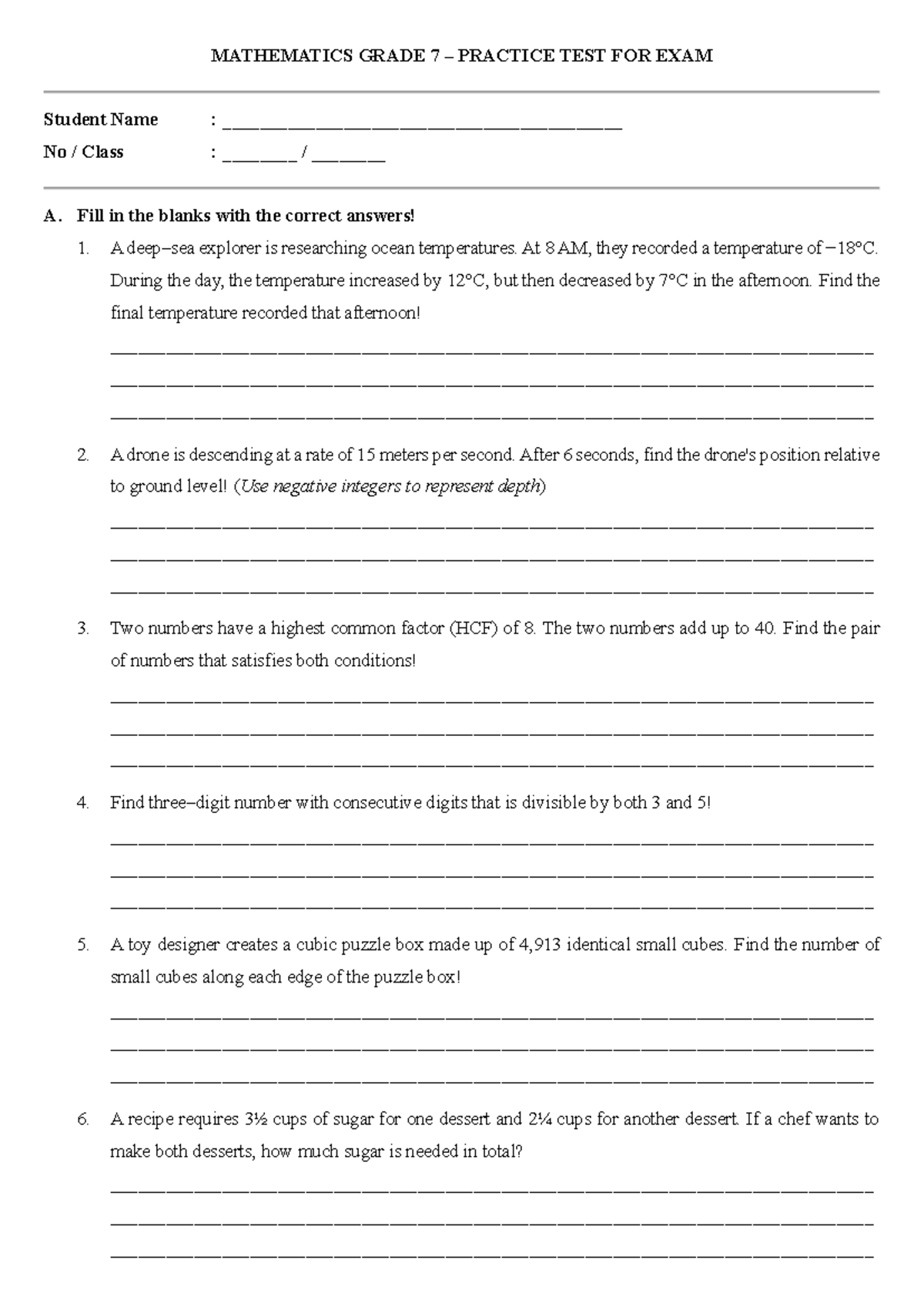 Mathematics Grade 7 - Practice Test for Final Exam - Studocu