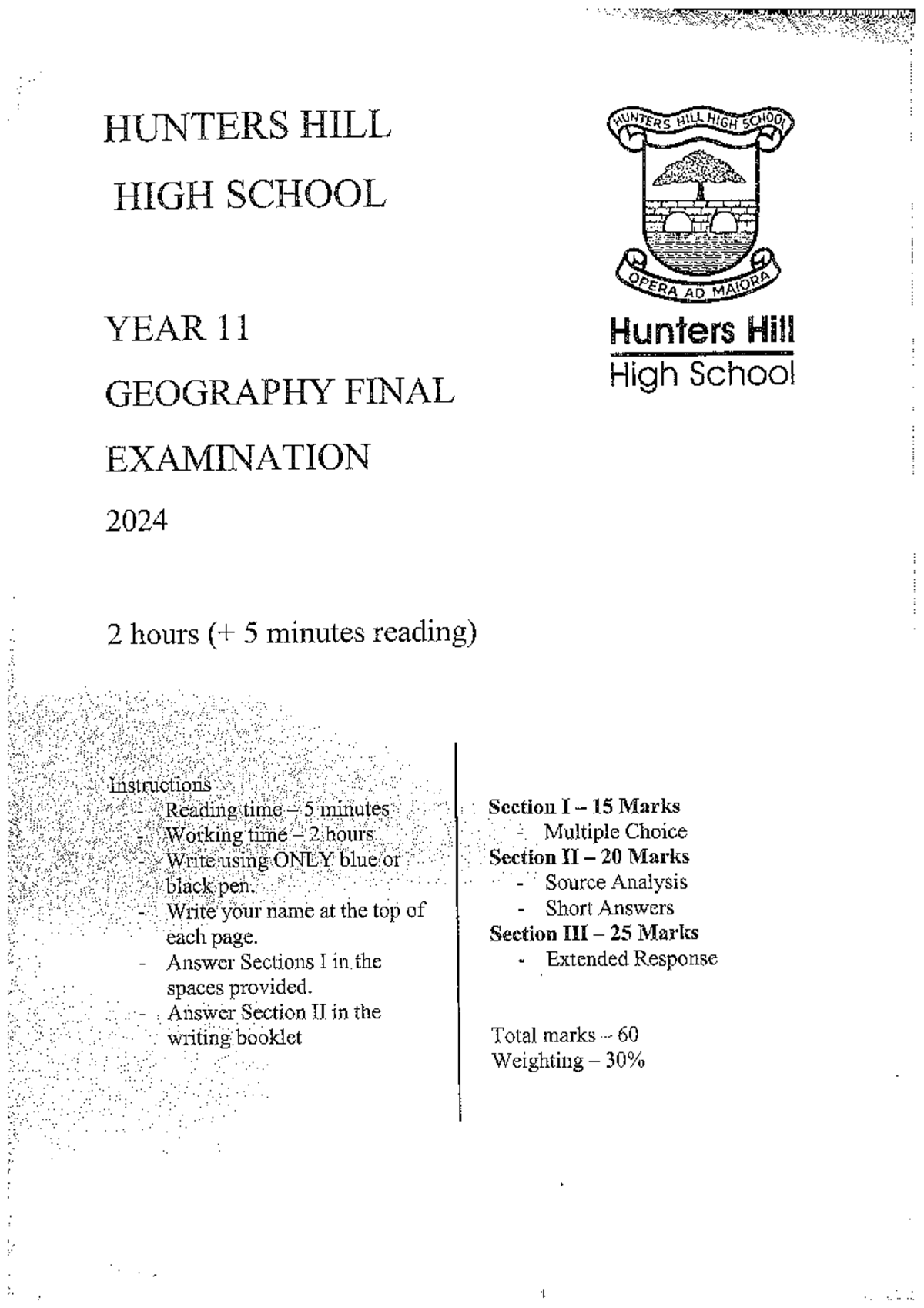 HUNTERS HILL HIGH SCHOOL GEOGRAPHY FINAL EXAM 2024 - Studocu