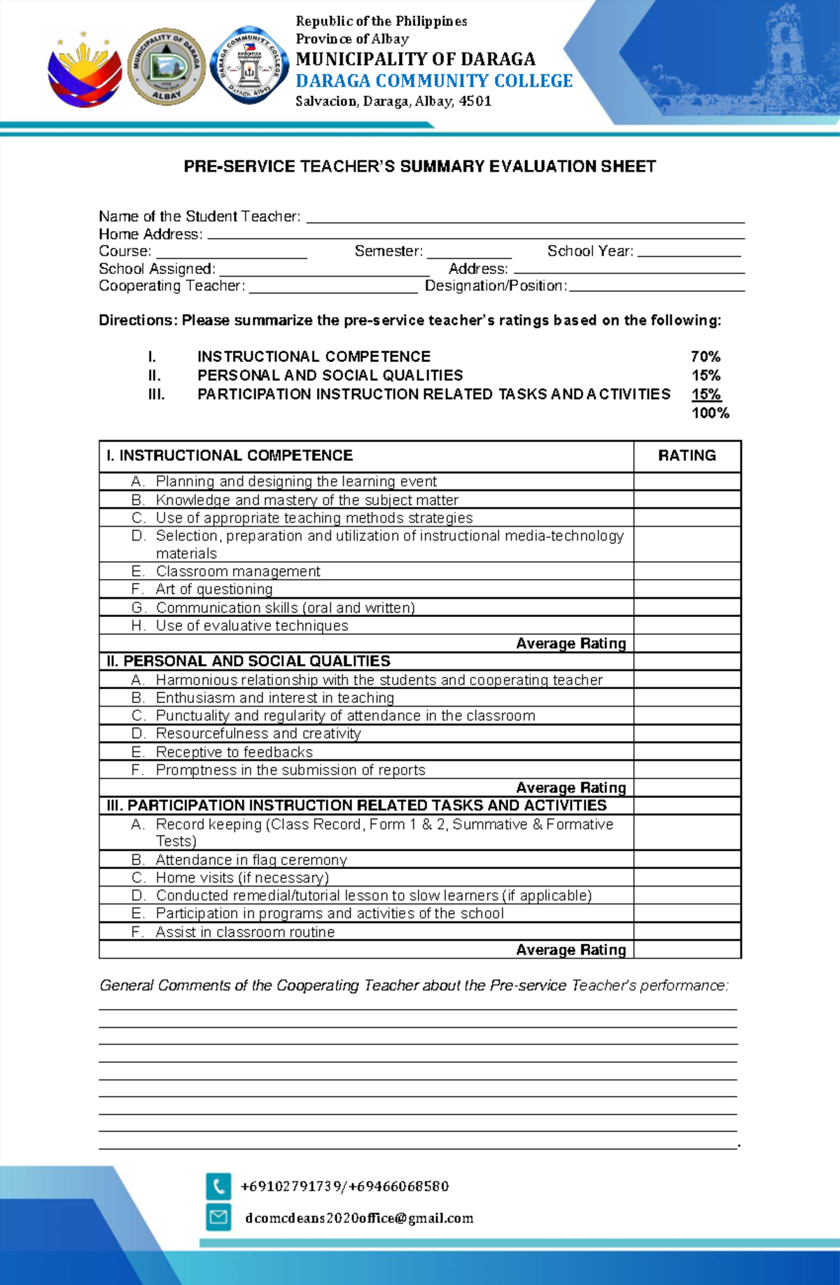 Summary Evaluation Sheet for Student Teacher - Daraga Community College ...